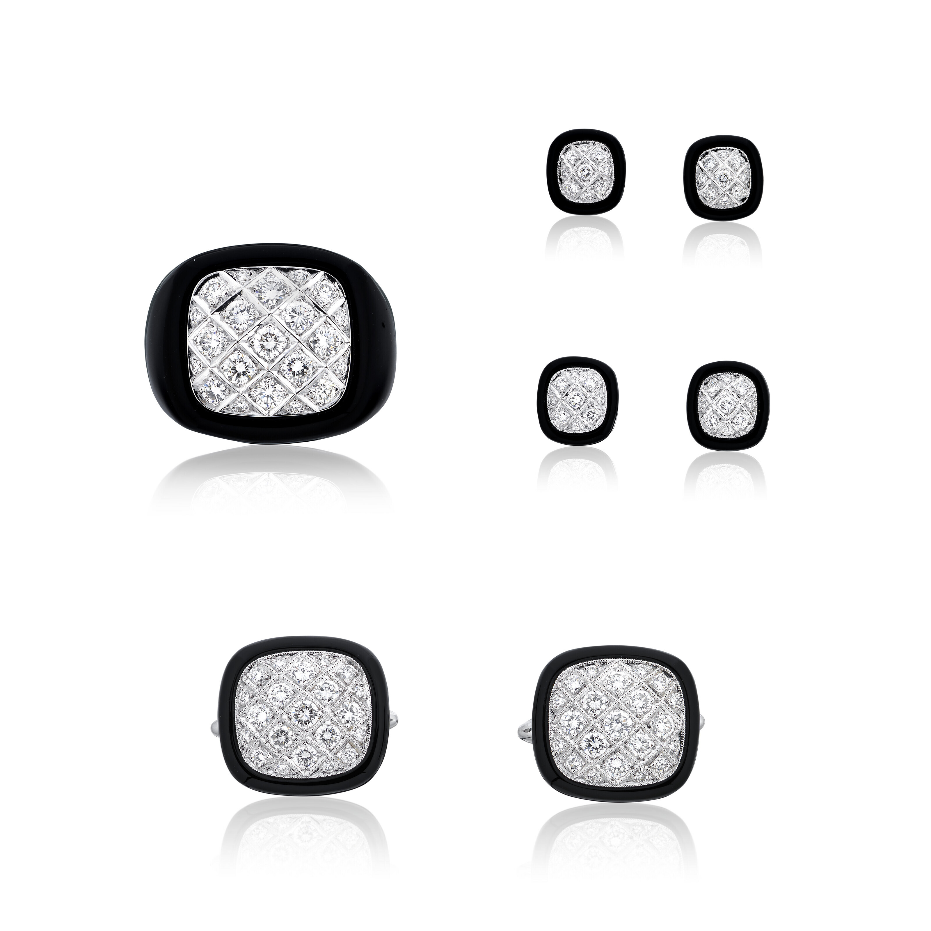 NO RESERVE - SET OF DIAMOND AND ONYX RING, CUFFLINK AND BUTTON ...