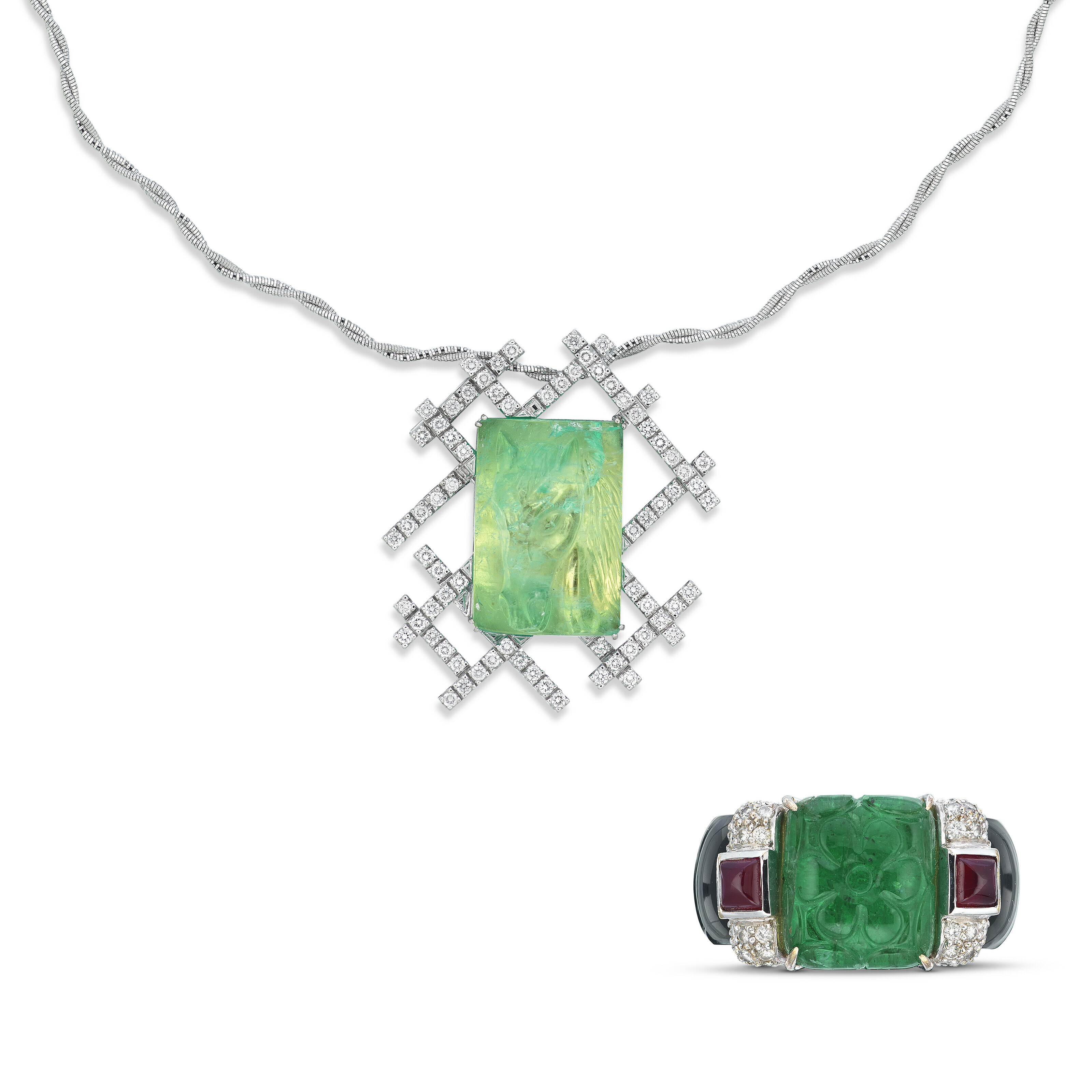 NO RESERVE - MULTI-GEM RING AND BERYL AND DIAMOND BROOCH/PENDENT ...