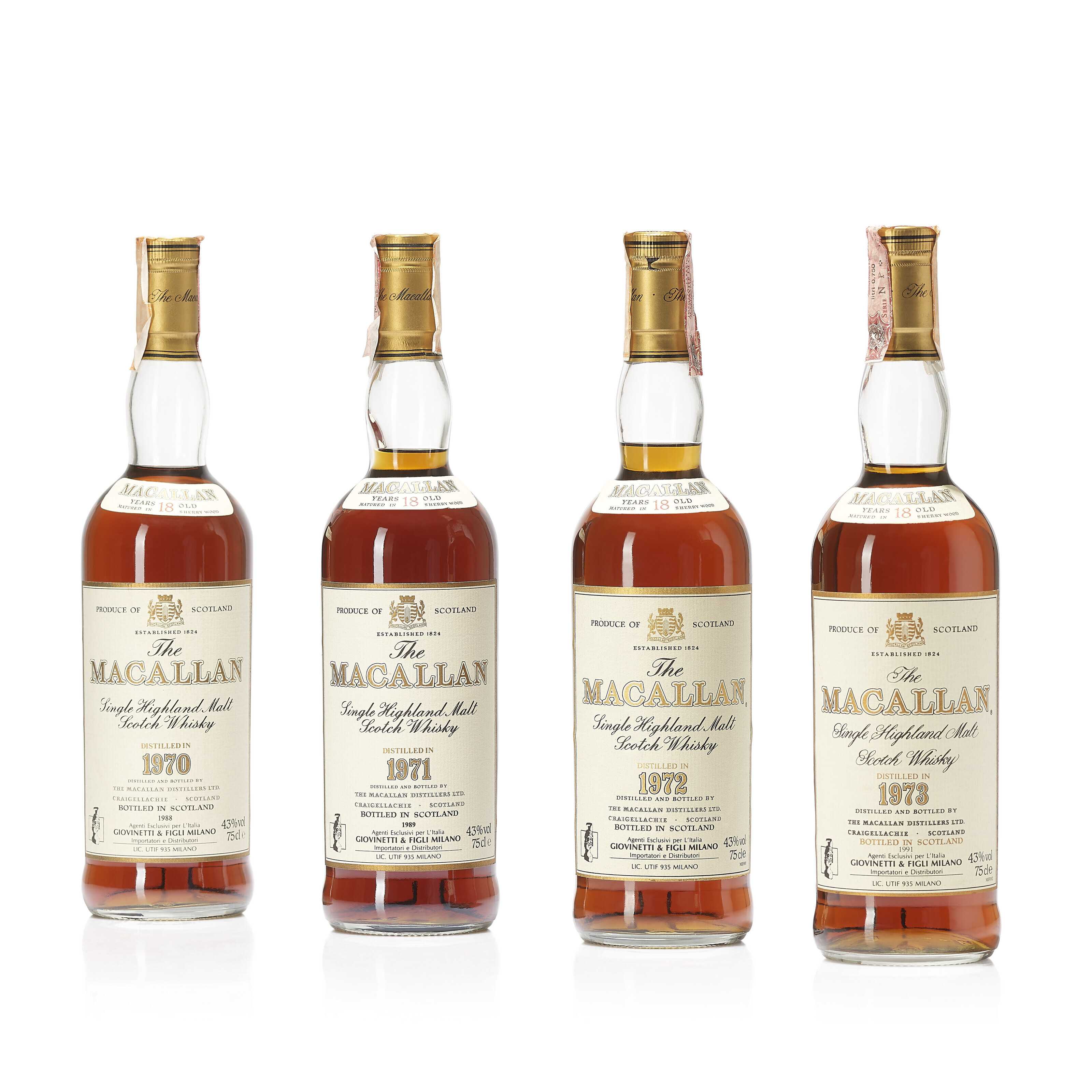 The Macallan 18 Year Old 1972, 43% vol, Italian import slip on top of ...