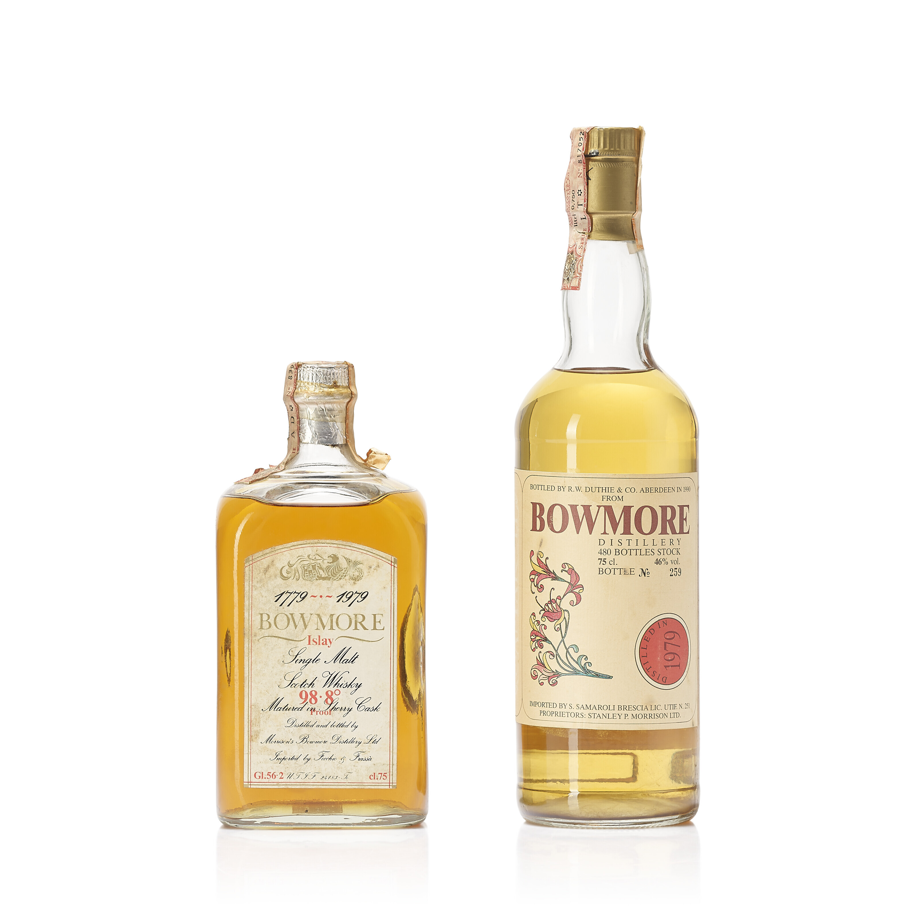 Bowmore Single Malt, u. ms, 98.8% proof, bin-soiled and stained label ...