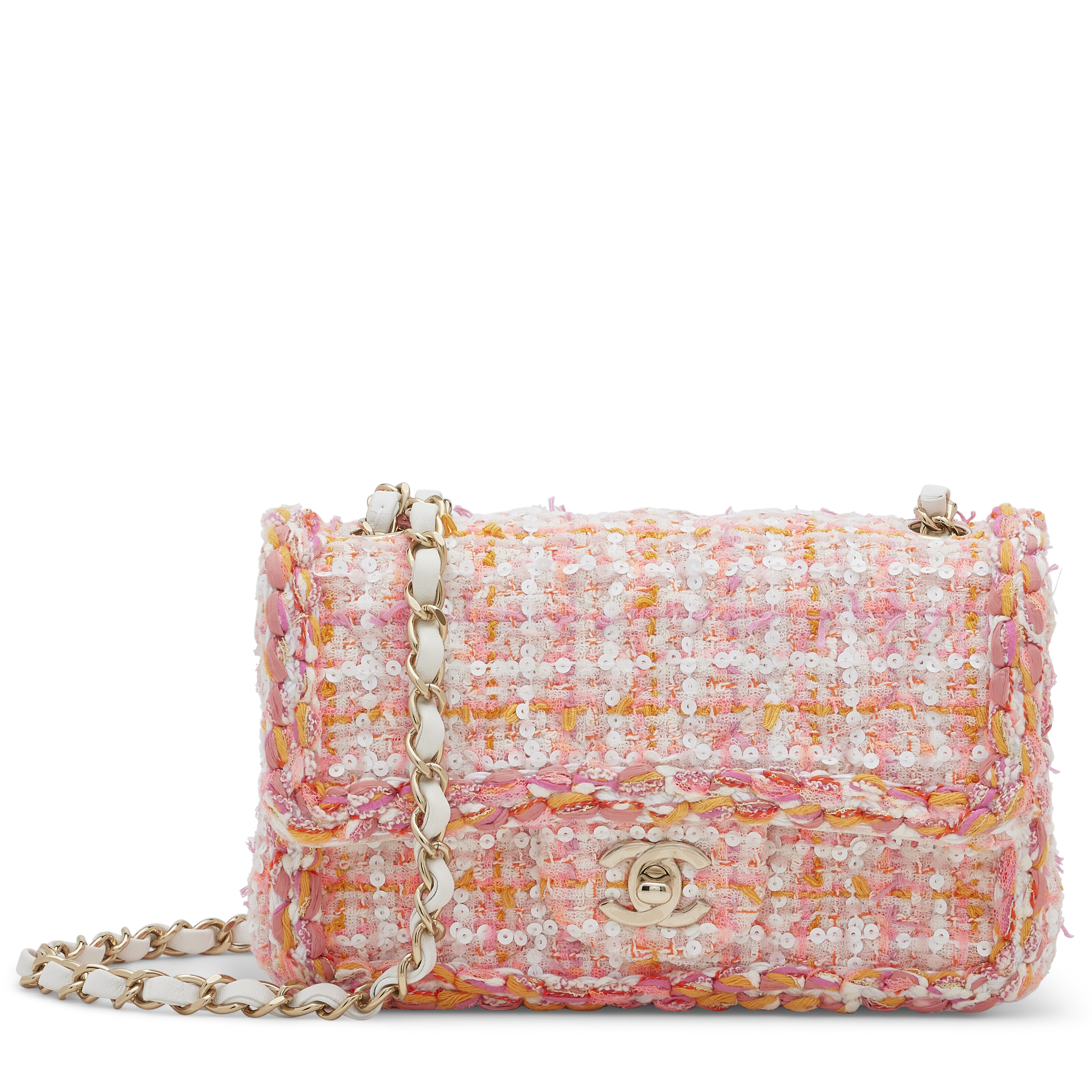 A PINK SEQUIN TWEED SMALL FLAP BAG WITH LIGHT GOLD HARDWARE, CHANEL ...