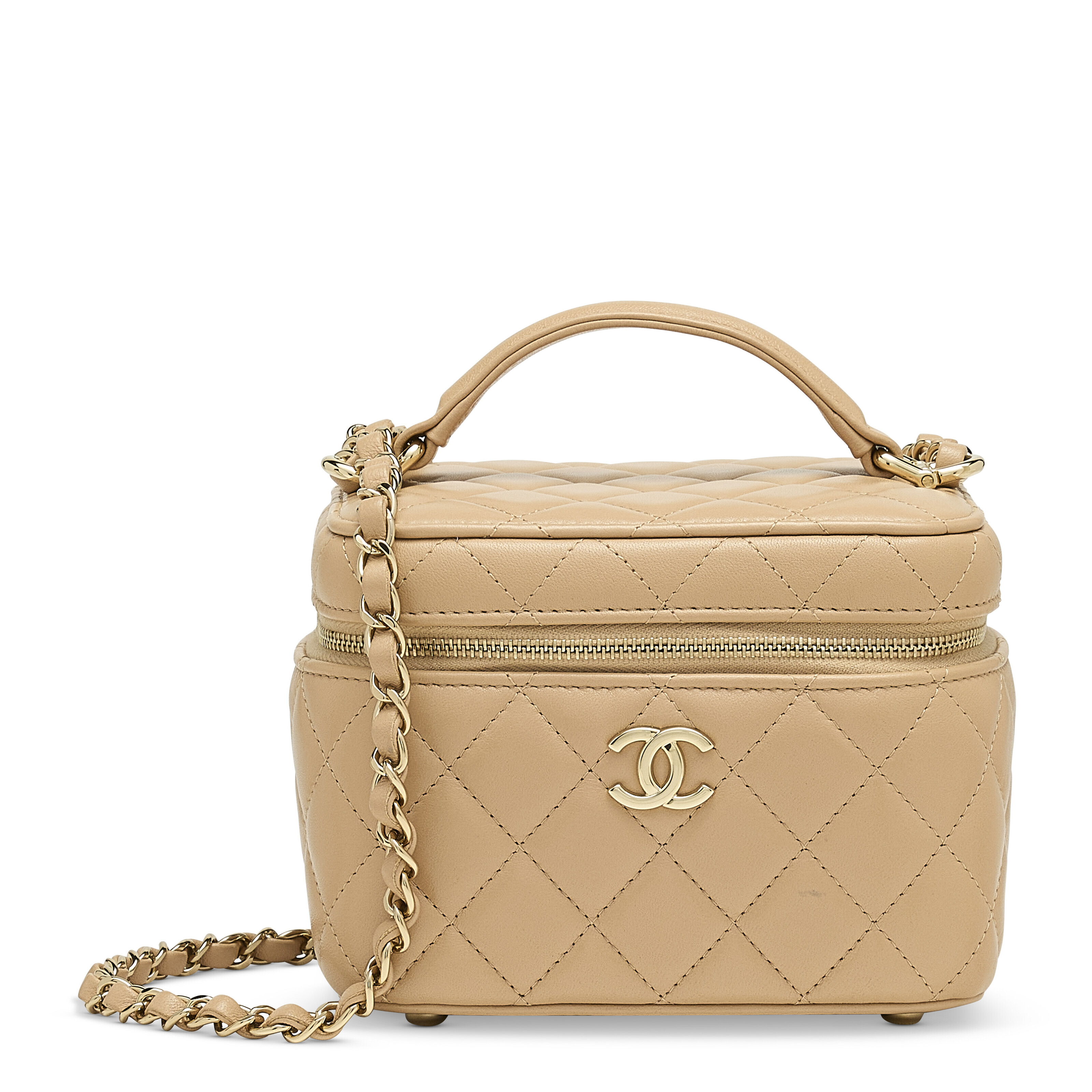 A NUDE QUILTED LAMBSKIN LEATHER VANITY BOX WITH LIGHT GOLD HARDWARE ...