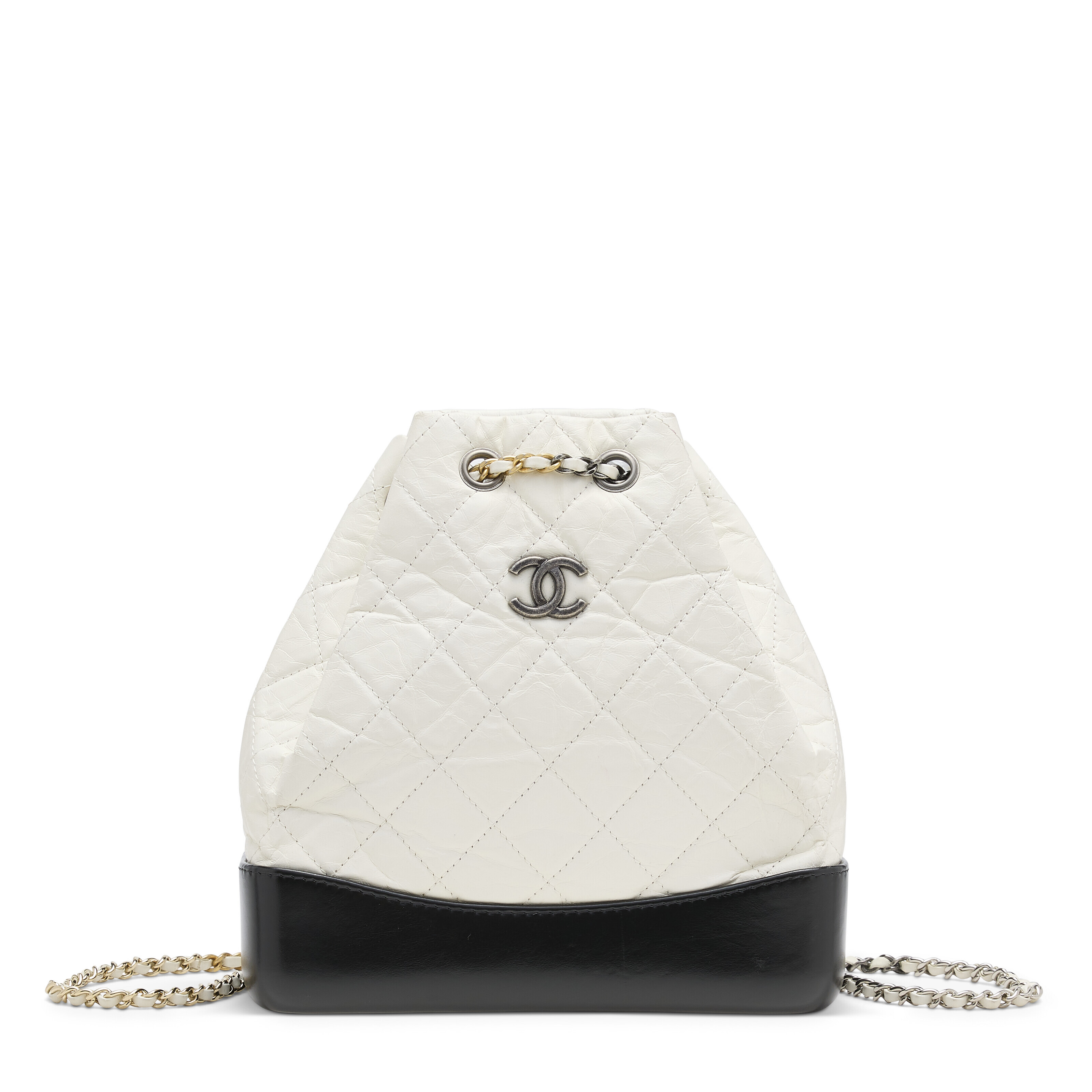 A WHITE AGED CALFSKIN & BLACK CALFSKIN LEATHER GABRIELLE BACKPACK WITH ...