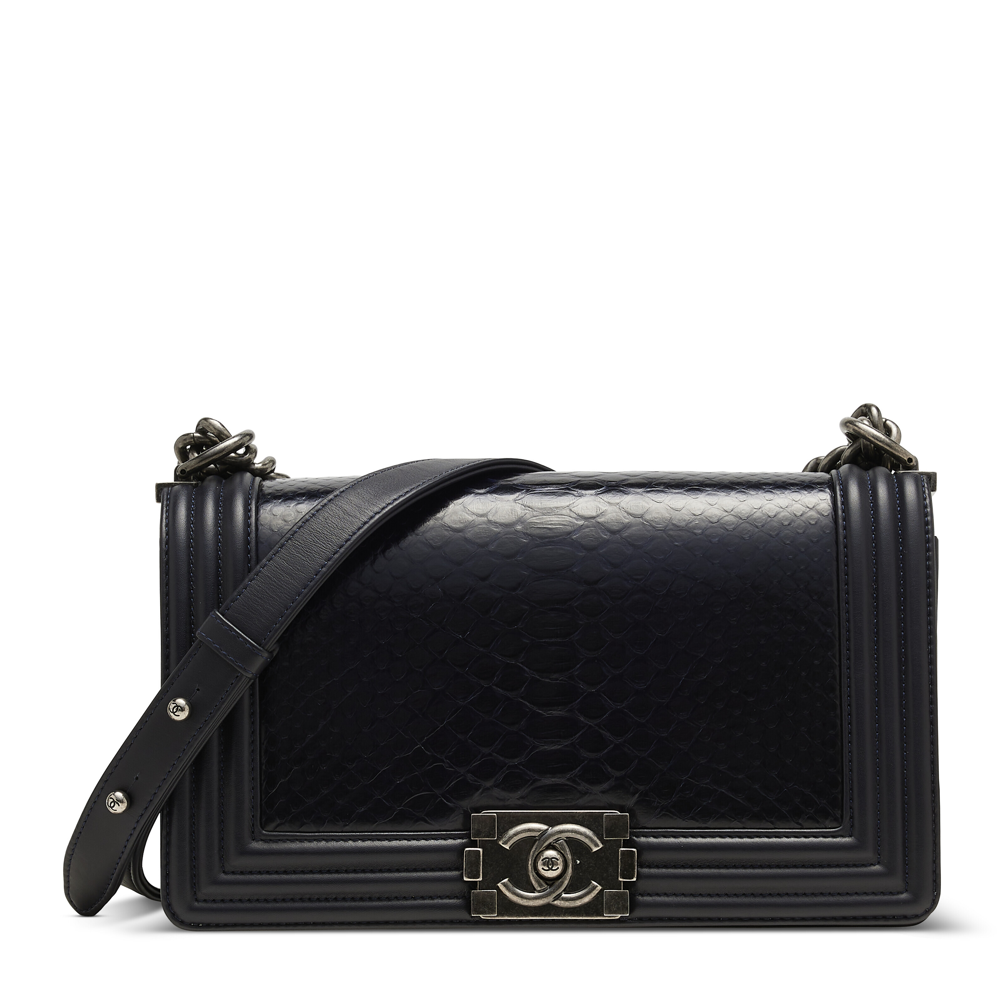 A SHINY BLACK PYTHON & CALFSKIN LEATHER MEDIUM BOY BAG WITH RUTHENIUM ...