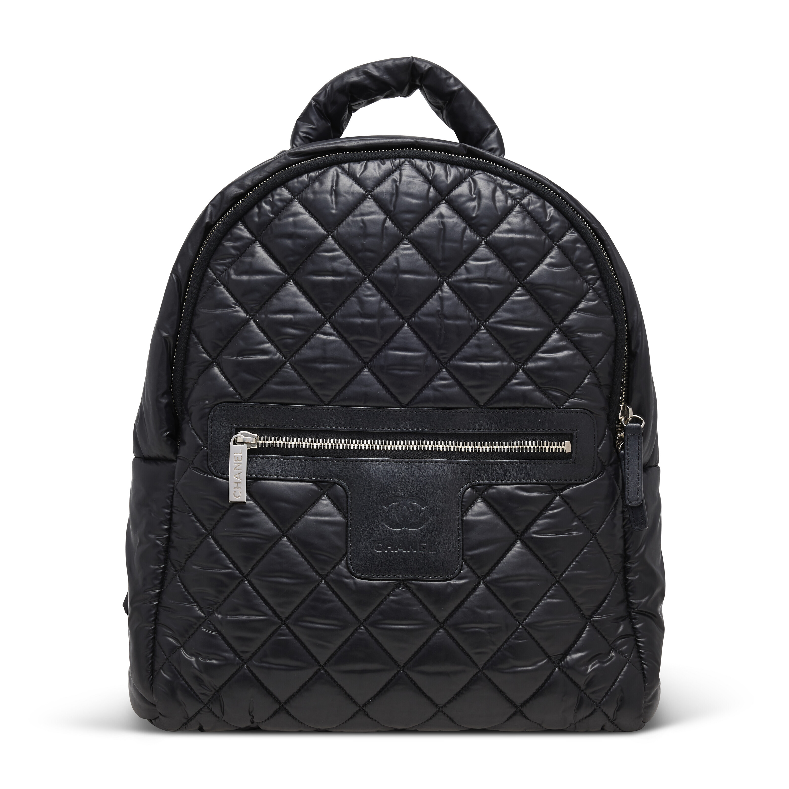 A BLACK QUILTED NYLON COCO COCOON BACKPACK WITH SILVER HARDWARE, CHANEL ...