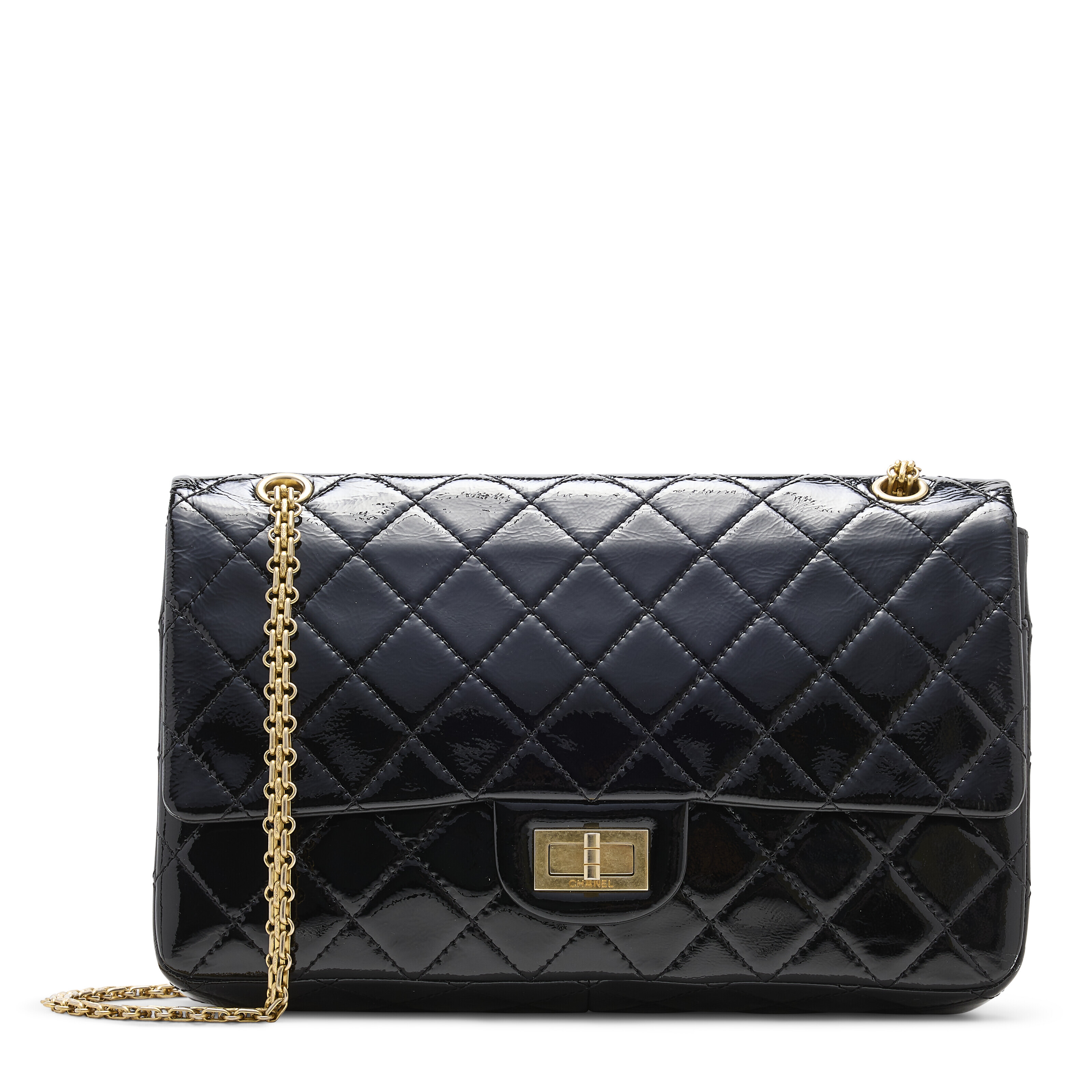 A BLACK PATENT LEATHER 2.55 REISSUE 227 DOUBLE FLAP WITH ANTIQUED GOLD ...