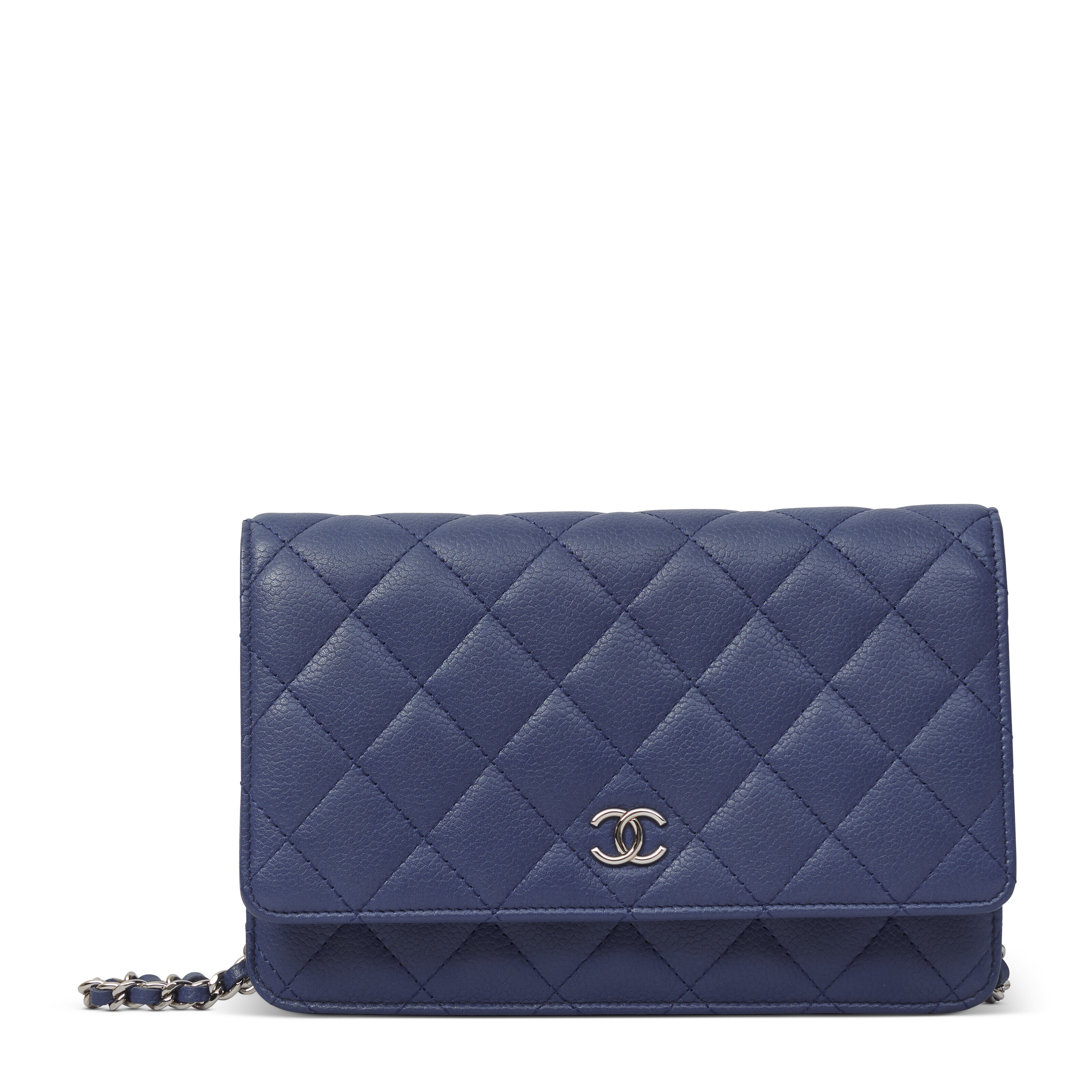 A BLUE QUILTED CAVIAR LEATHER WALLET ON CHAIN WITH SILVER HARDWARE ...