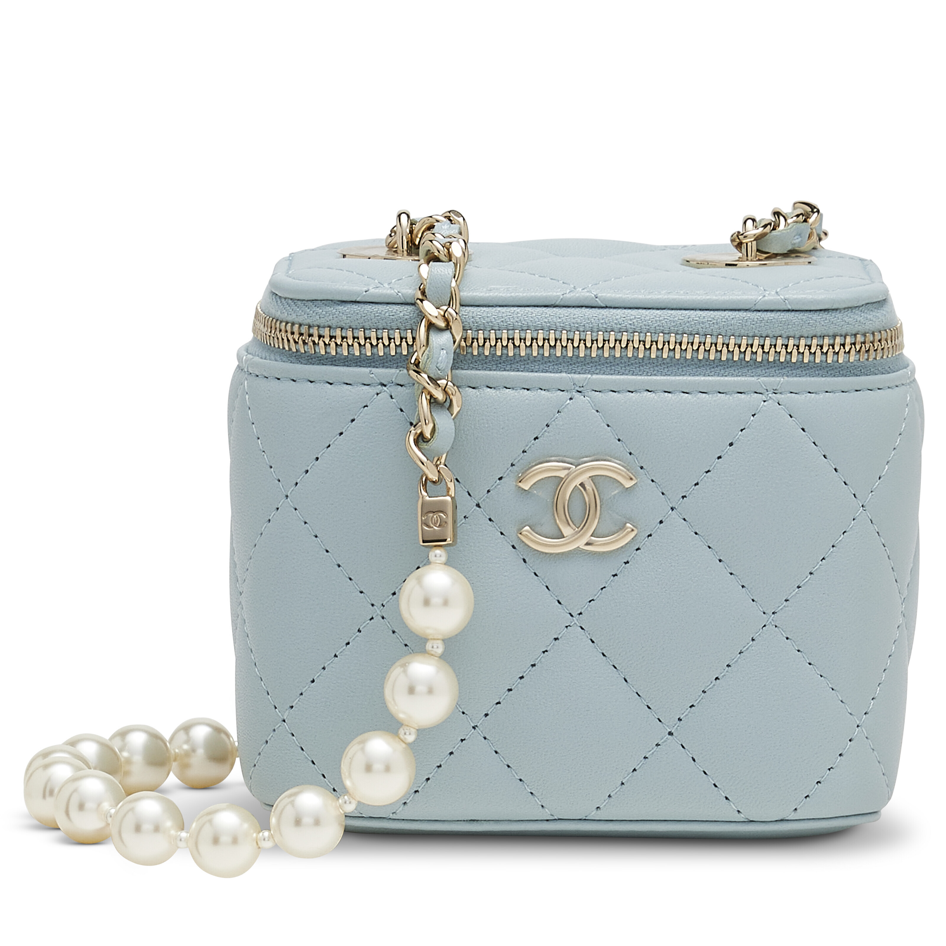 A LIGHT BLUE QUILTED LAMBSKIN LEATHER MINI VANITY BAG WITH LIGHT GOLD ...