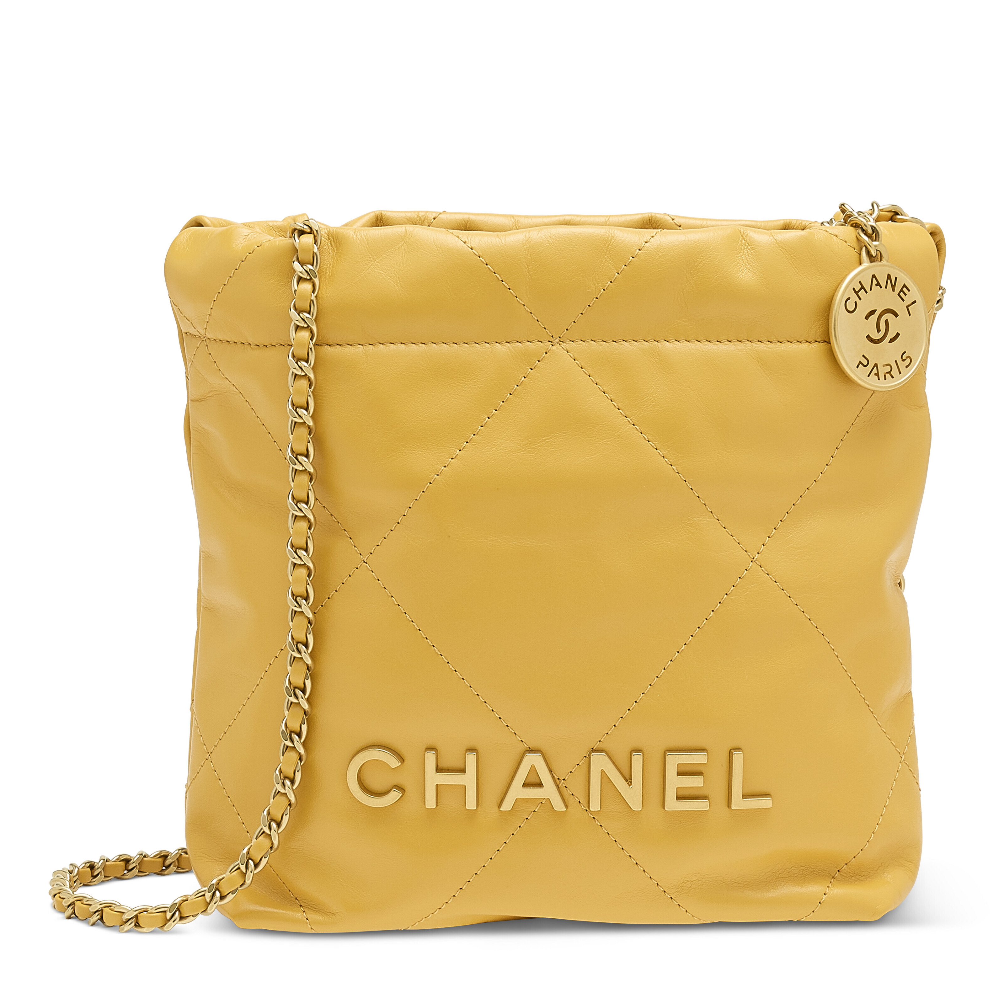 A SHINY YELLOW CALFSKIN LEATHER MINI 22 WITH GOLD HARDWARE, CHANEL ...