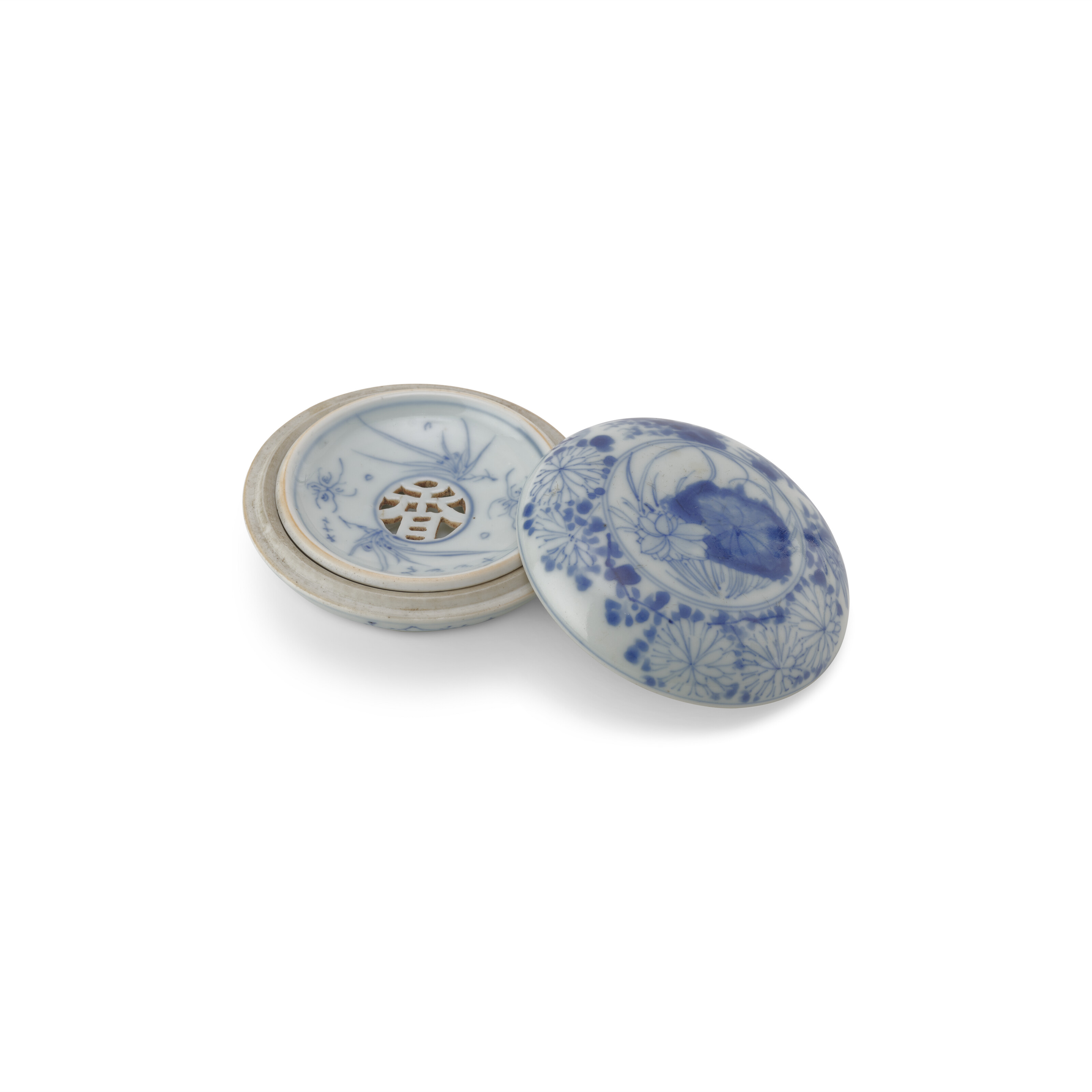 A BLUE AND WHITE ‘FLORAL’ CIRCULAR BOX, LINER AND COVER FOR PERFUME ...