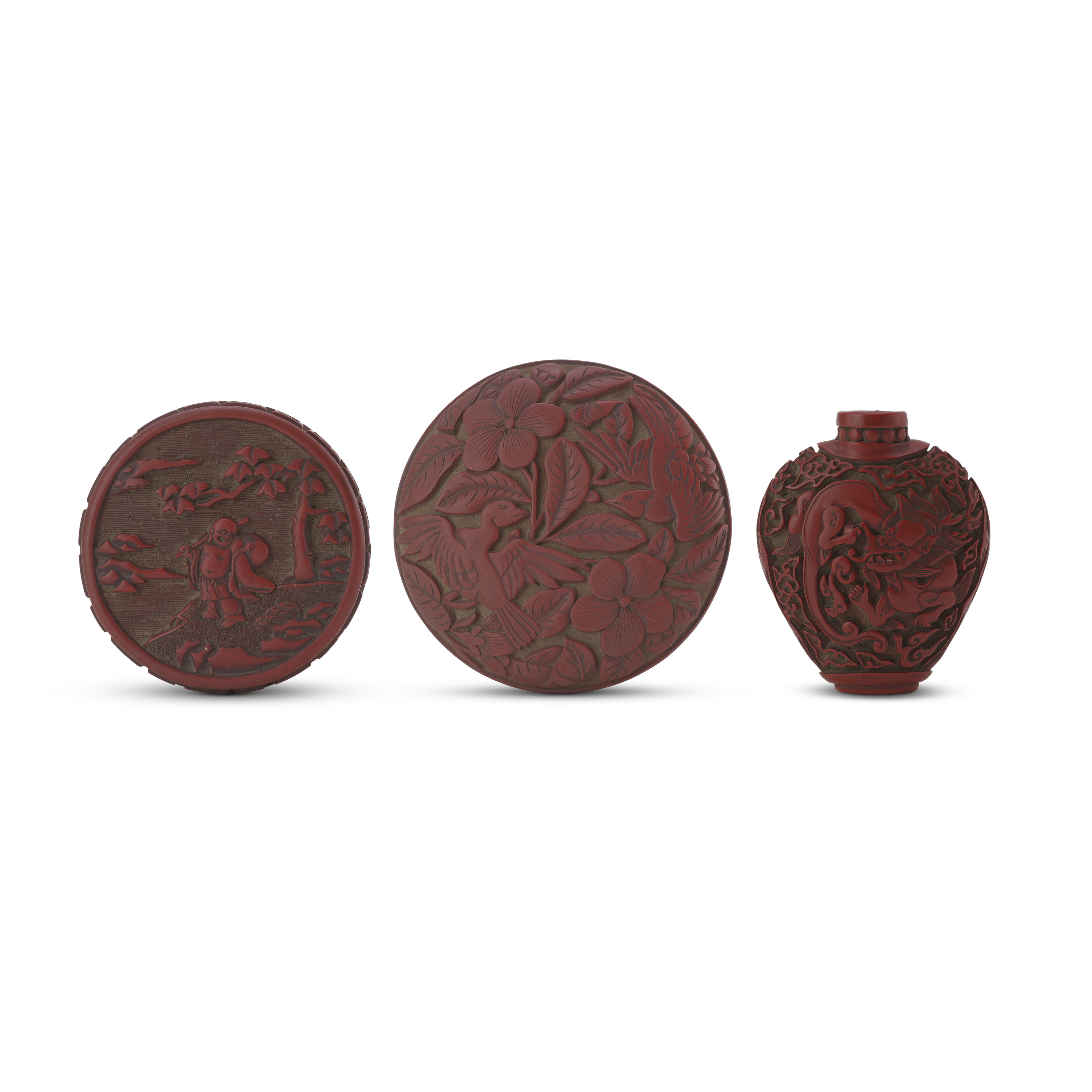 TWO CARVED CINNABAR LACQUER INCENSE BOXES AND COVERS AND A CARVED ...