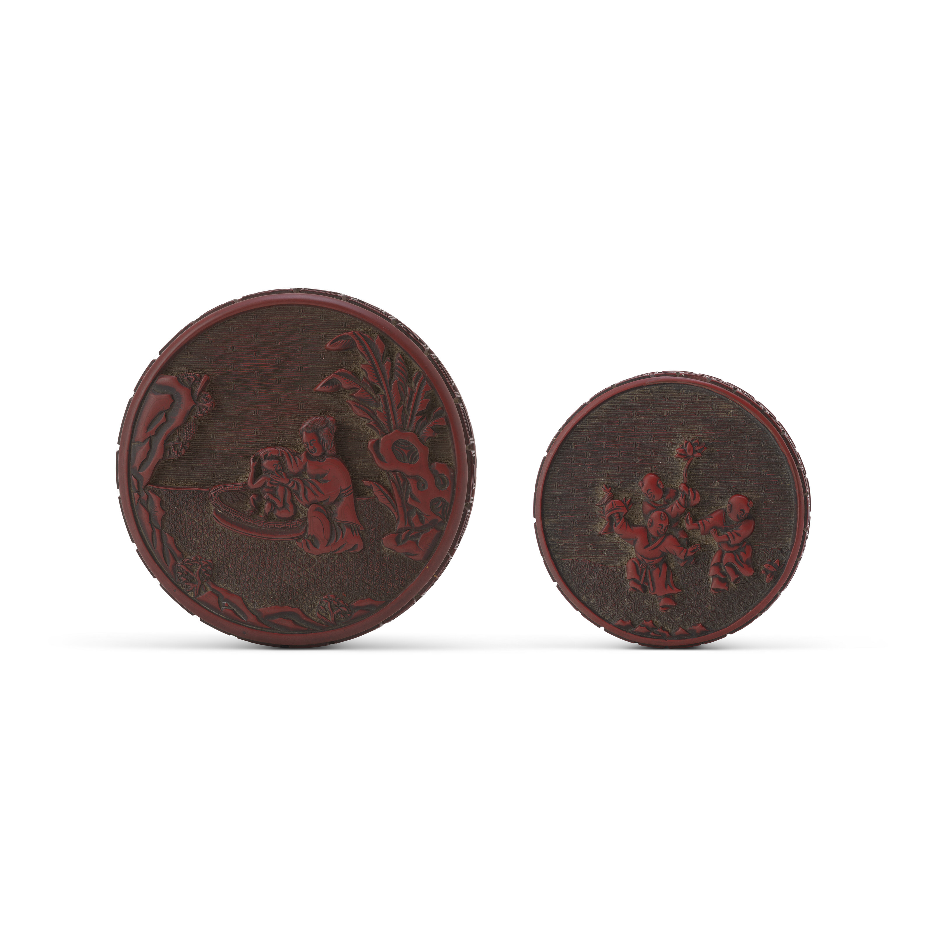TWO CARVED CINNARBAR LACQUER CIRCULAR INCENSE BOXES AND COVERS, MING ...