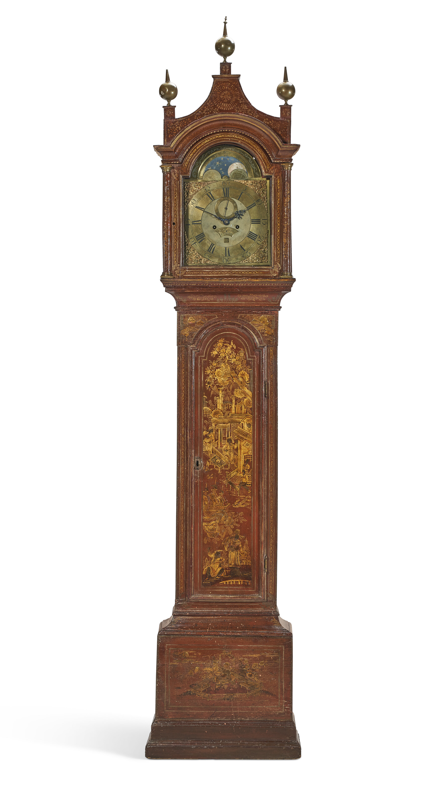A GEORGE III SCARLET, GILT, AND POLYCHROME-JAPANNED LONG-CASE CLOCK ...
