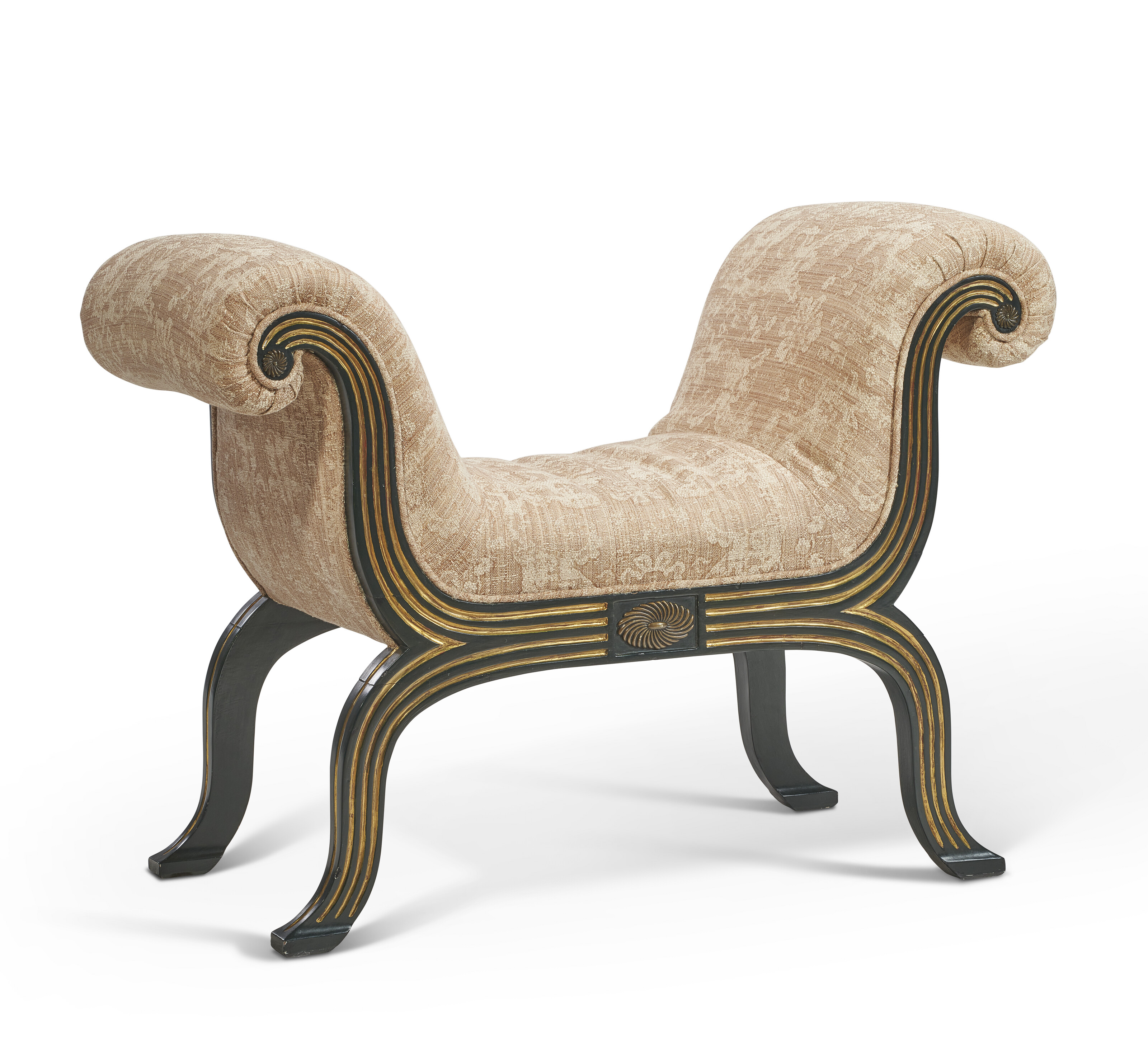 A REGENCY STYLE EBONIZED AND PARCEL-GILT WINDOW SEAT, DESIGNED BY DAVID ...