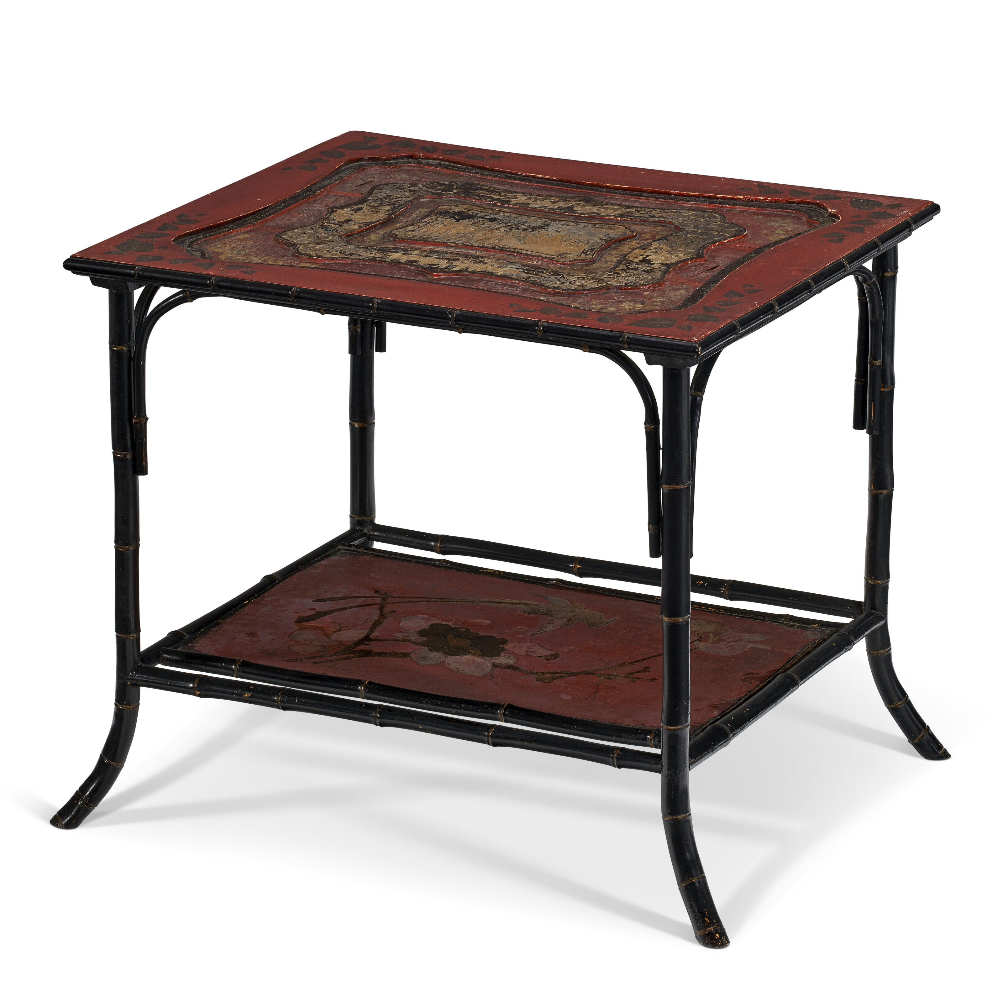 A LACQUER INSET GILT, BLACK AND RED PAINTED TWO-TIER SIDE TABLE ...