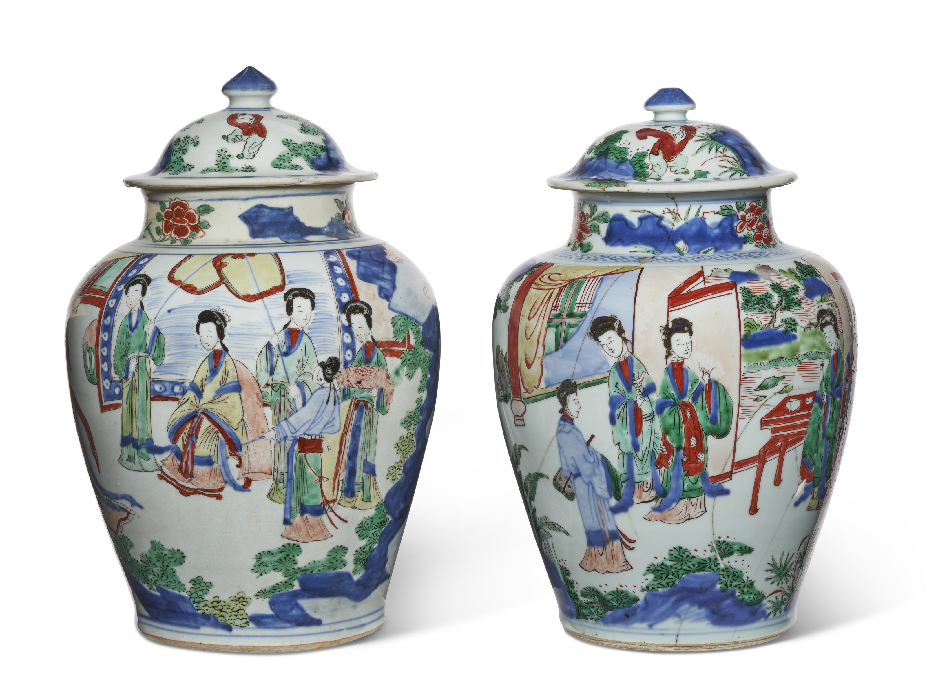 TWO CHINESE WUCAI JARS AND COVERS, TRANSITIONAL PERIOD, 17TH CENTURY ...