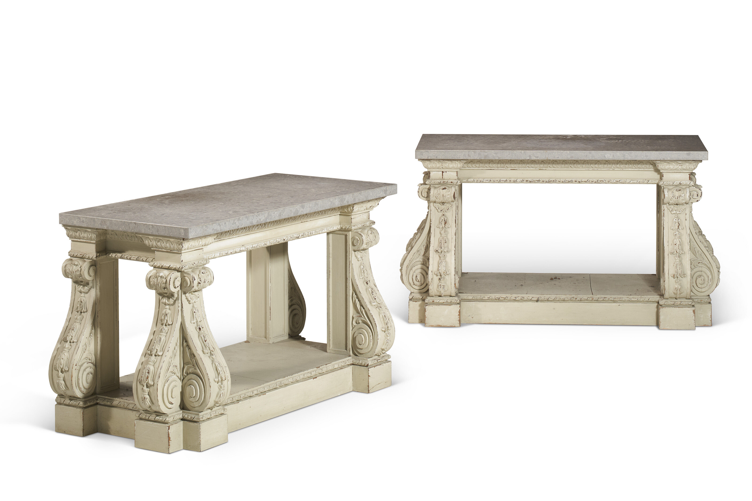 A PAIR OF CUSTOM 'WILLIAM KENT' PAINTED AND LIMESTONE-TOPPED CONSOLE ...