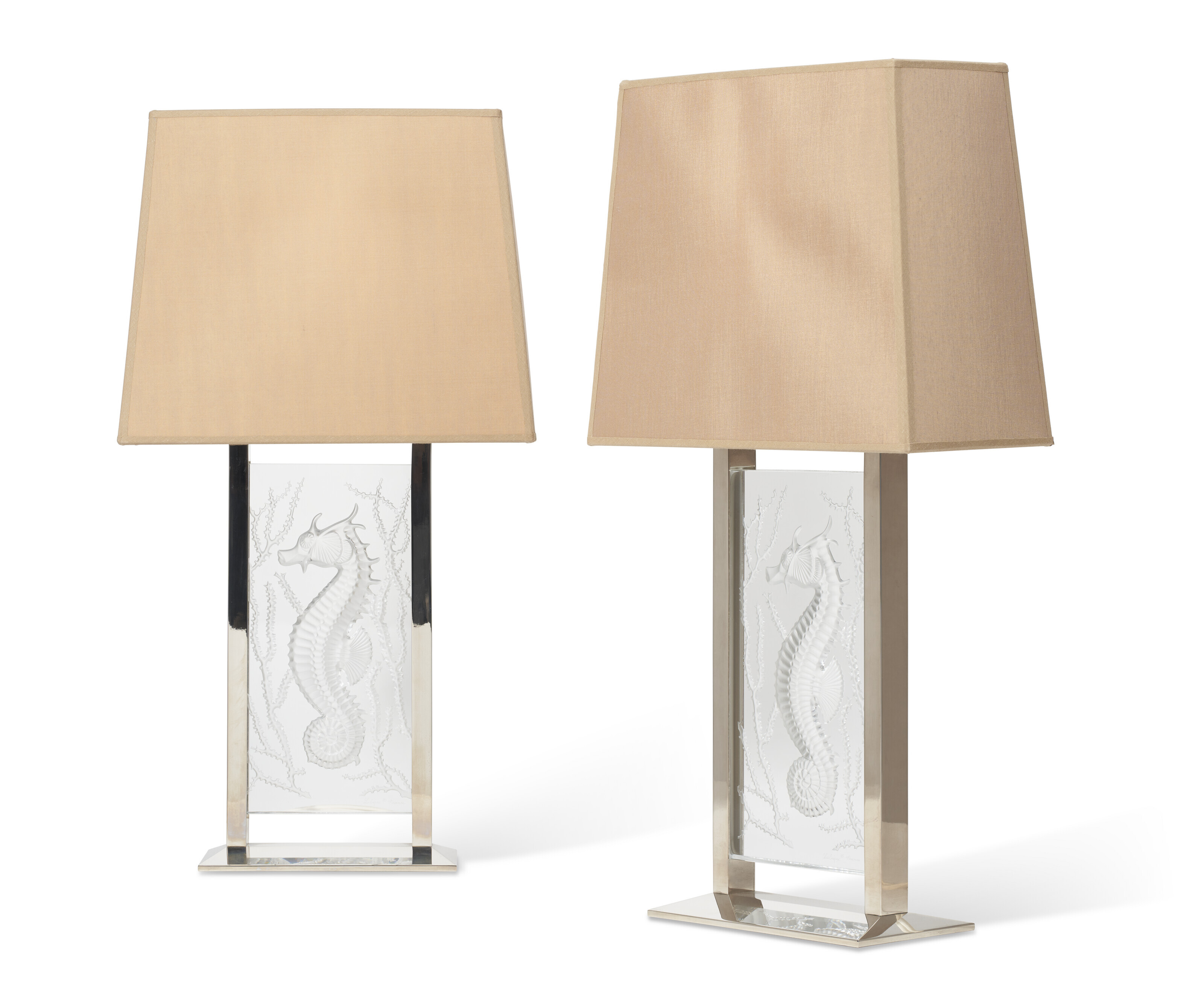 A PAIR OF LALIQUE GLASS 'POSEIDON' TABLE LAMPS, MODERN, ENGRAVED MARKS ...