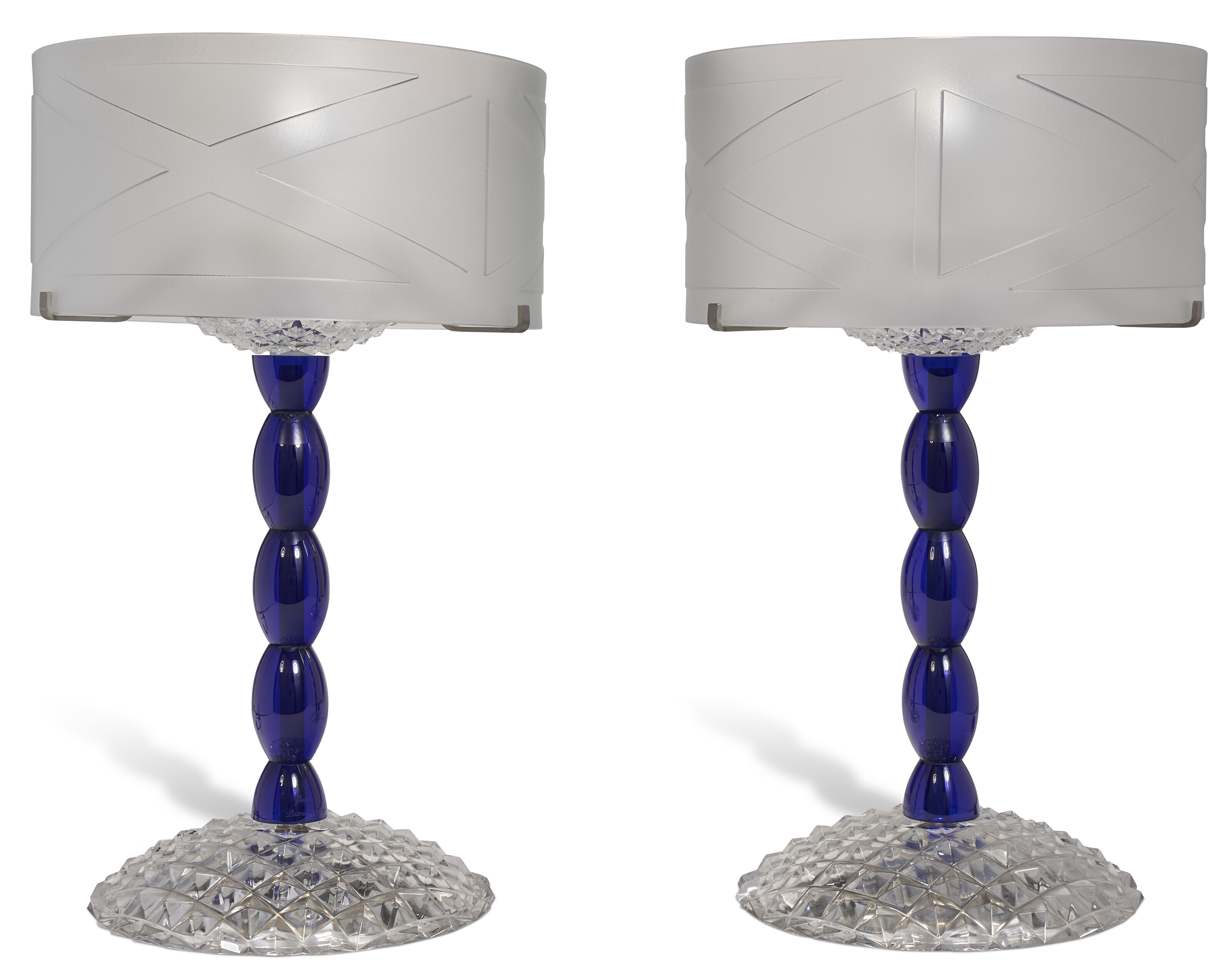 A PAIR OF FRENCH BLUE, ETCHED AND CUT-GLASS TABLE LAMPS, DESIGNED BY ...