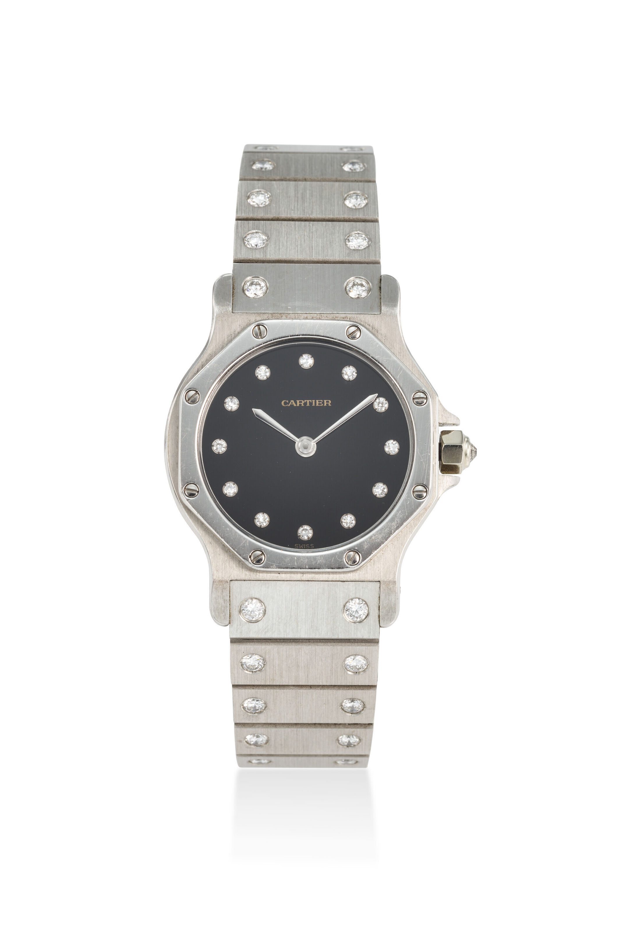 CARTIER, PLATINUM AND DIAMOND-SET 'SANTOS OCTAGON' WITH ONYX DIAL, REF ...