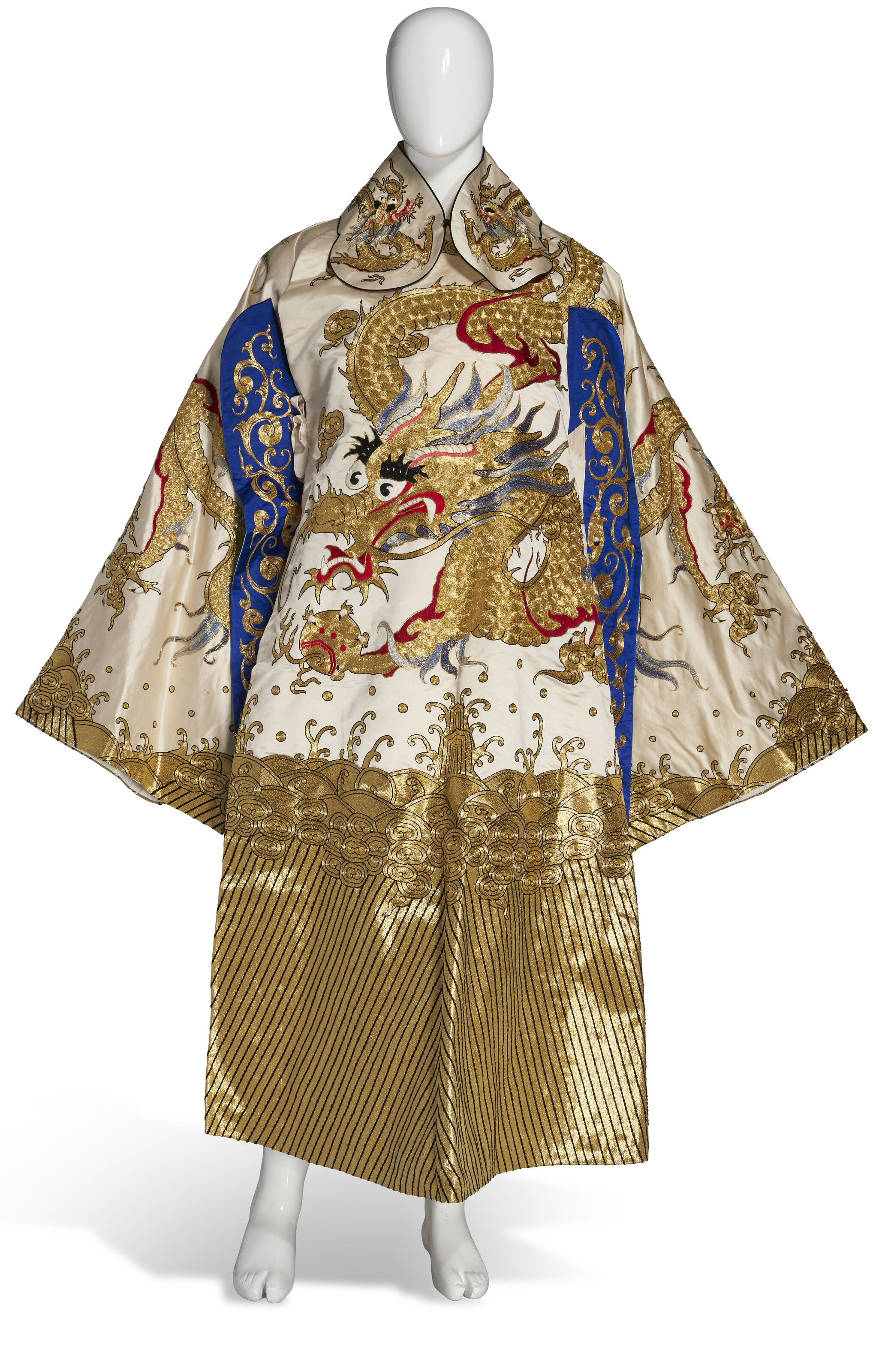 A CHINESE EMBROIDERED CREAM SILK ROBE, SHANGHAI THEATER COSTUME FACTORY ...