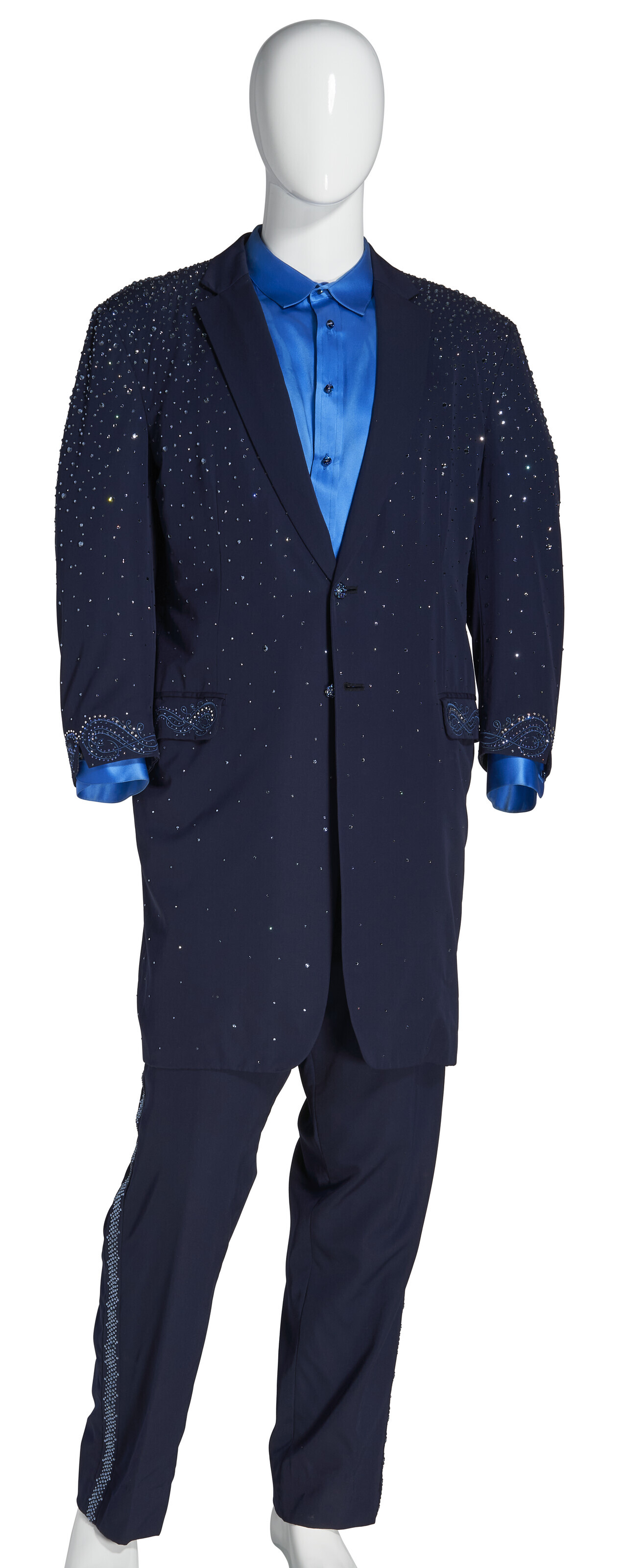 A RHINESTONE COVERED NAVY WOOL SUIT, DESIGNED BY KEITH GREGORY FLEMING ...