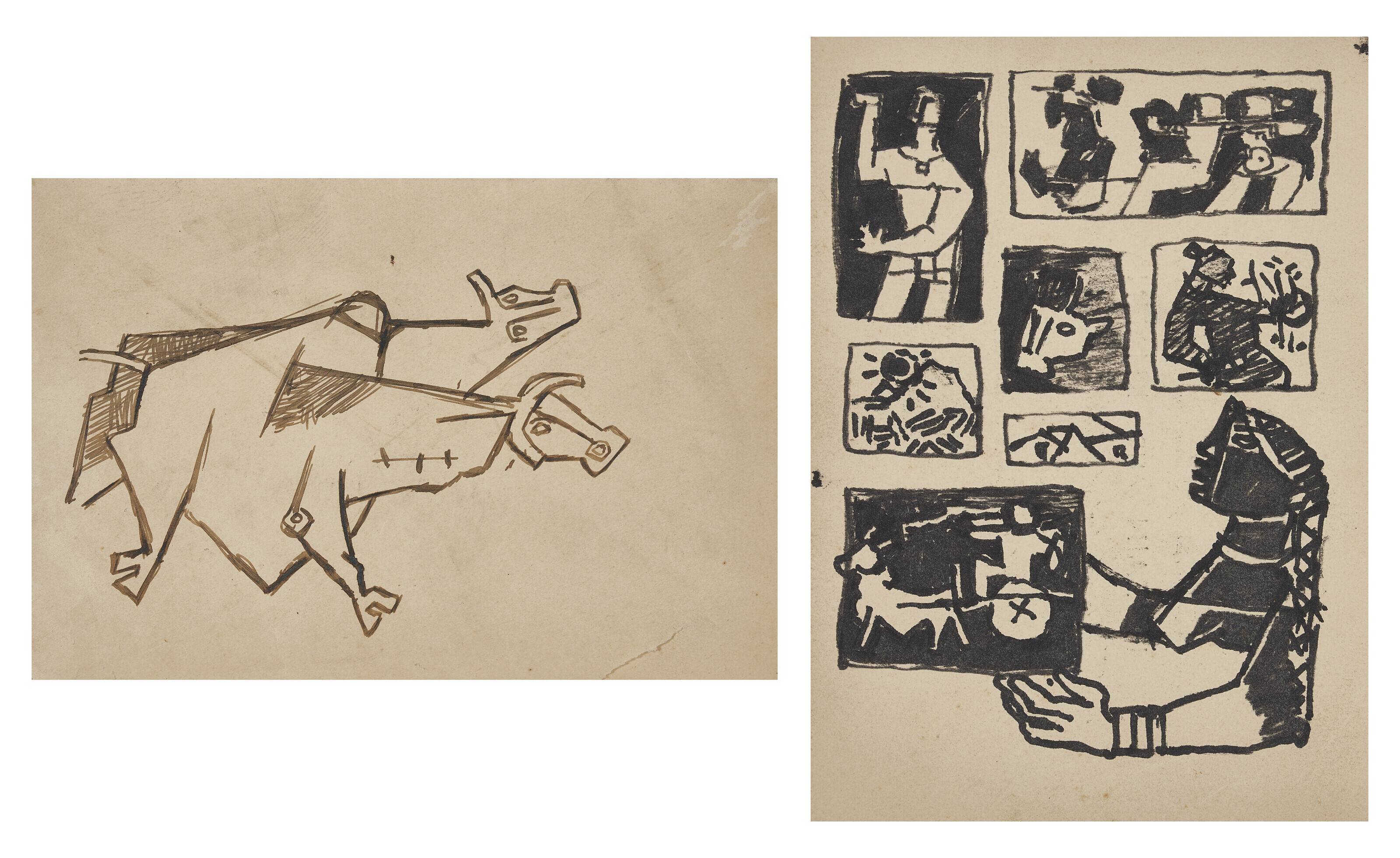MAQBOOL FIDA HUSAIN (1913-2011), Untitled (Bulls); Untitled (Village ...
