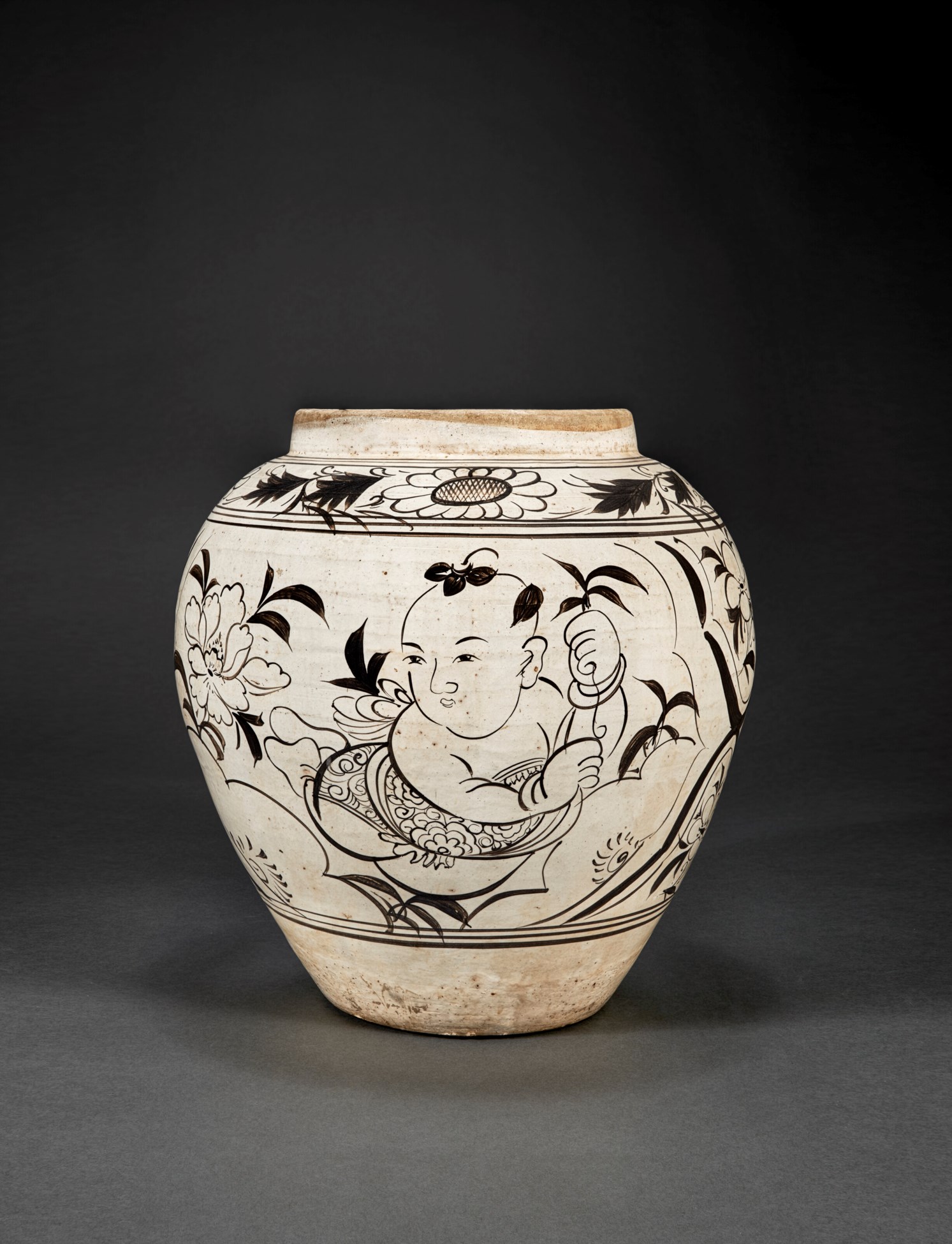 A RARE LARGE PAINTED CIZHOU 'BOY AND CRANE' JAR, JIN DYNASTY (1115-1234 ...