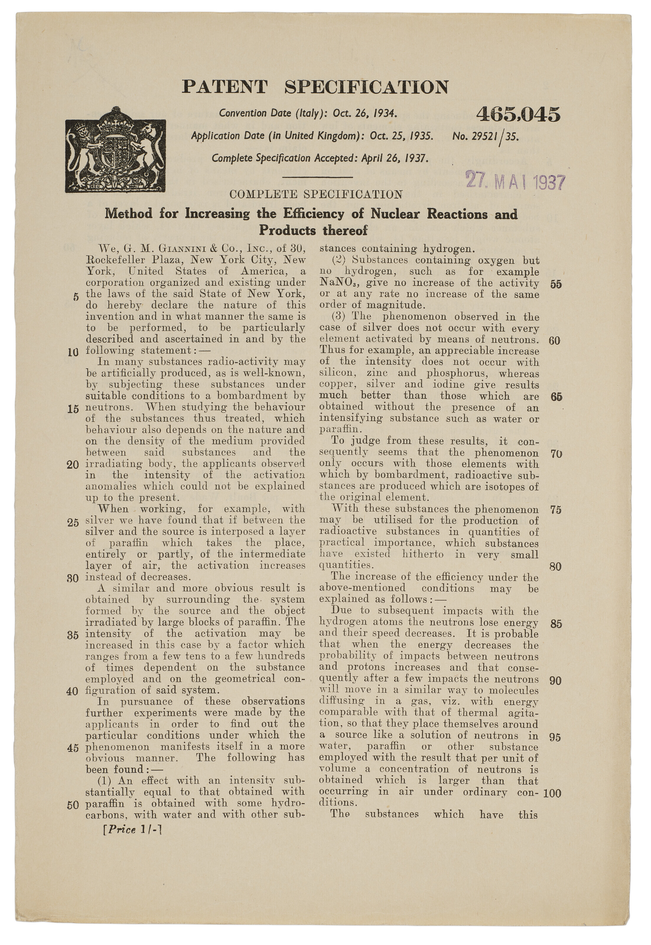 Patent for the method of producing nuclear reactions, Enrico Fermi and ...