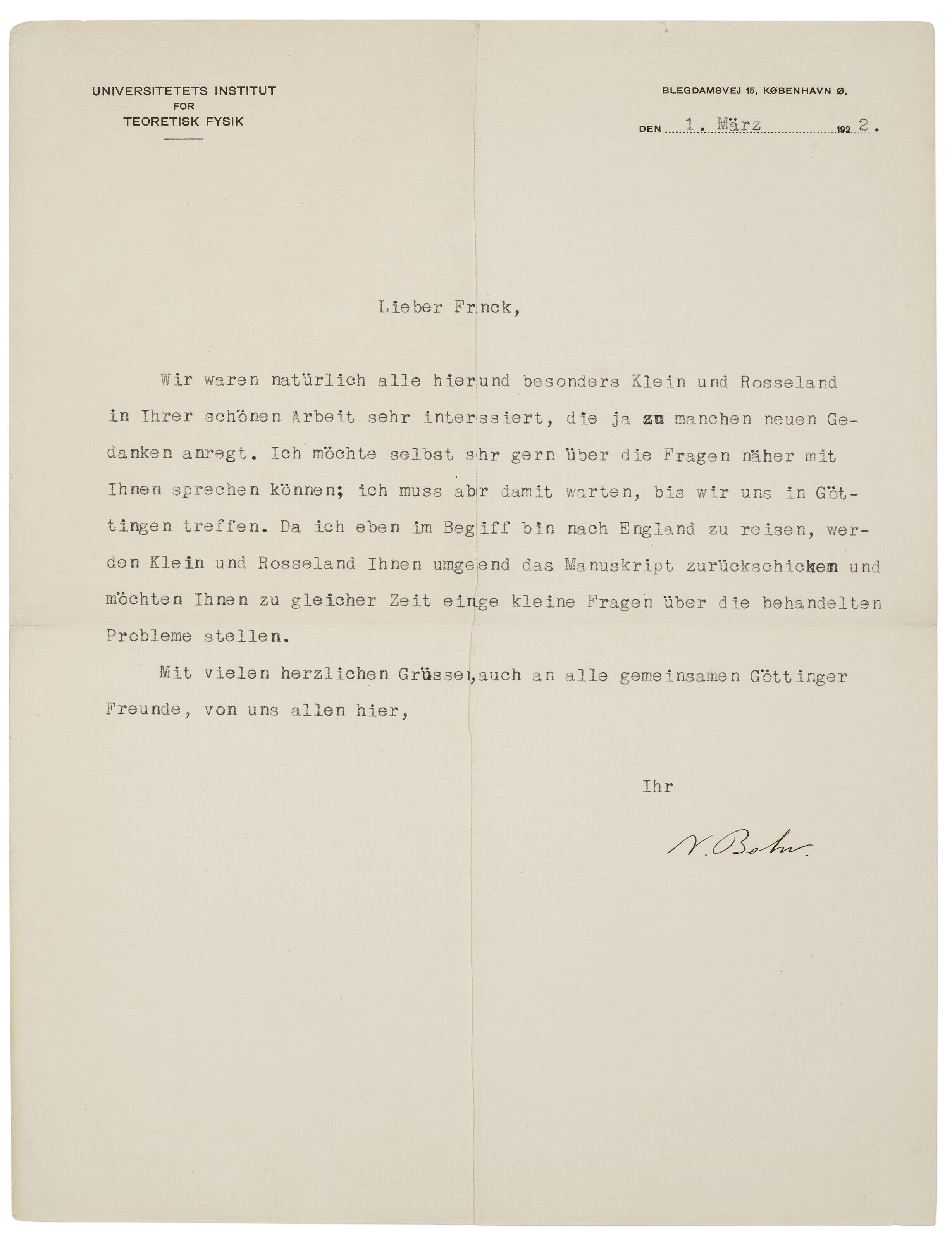 Responding to atomic physicist James Franck, Niels Bohr, 1 March 1922 ...