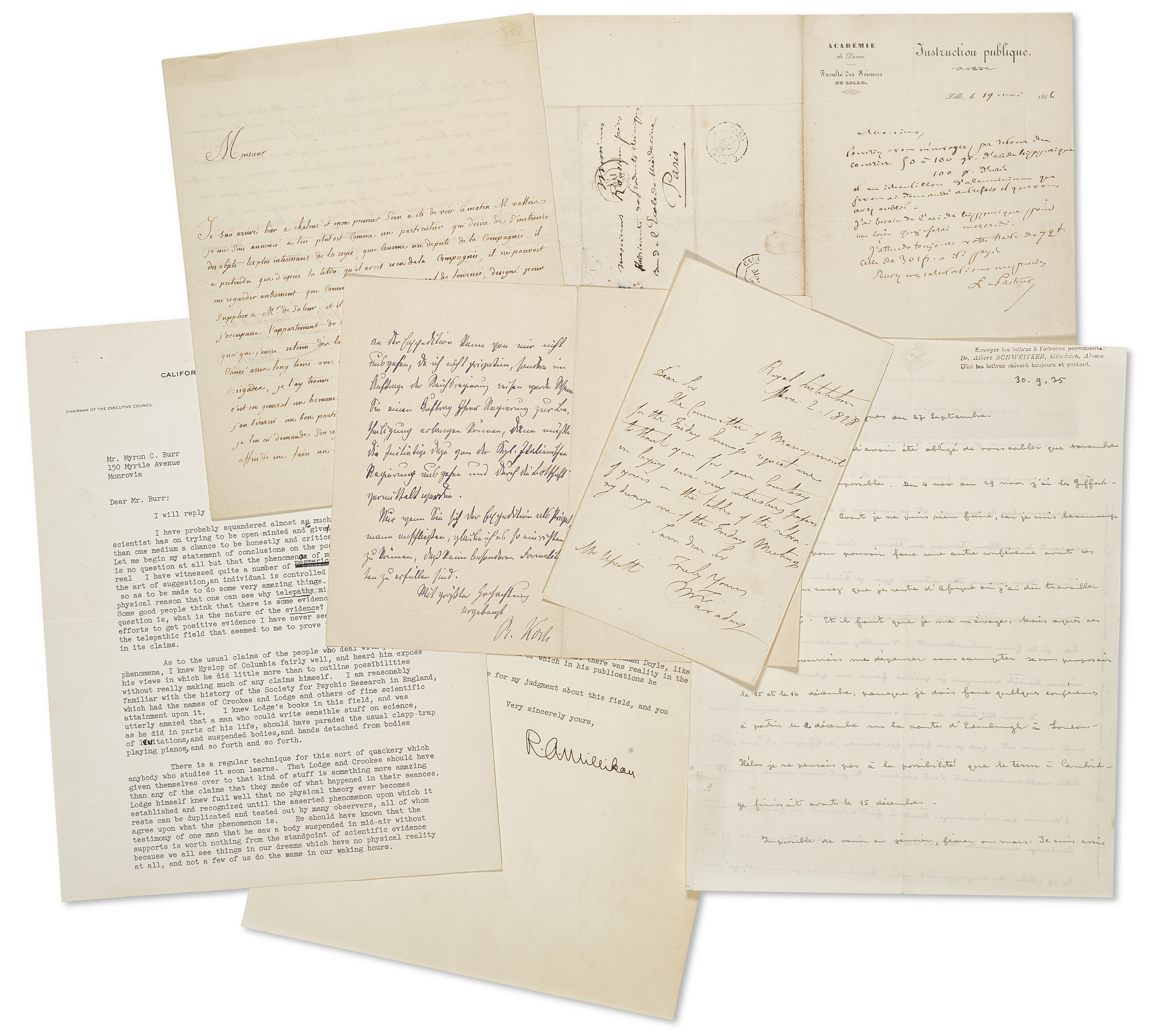 Seven signed letters from notable scientists, Louis Pasteur, Joseph ...