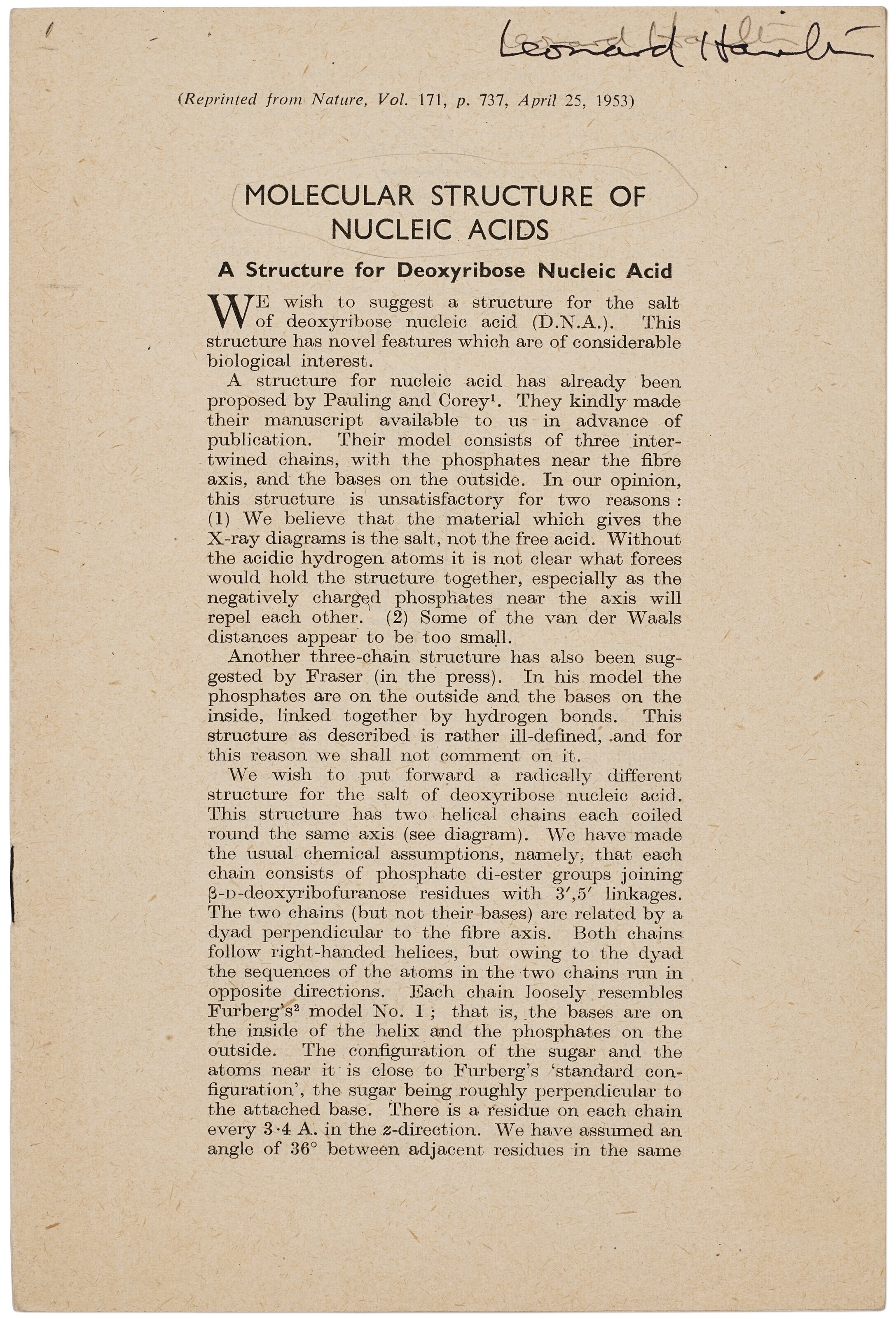 The discovery of the structure of DNA, Crick & Watson, April 1953 ...