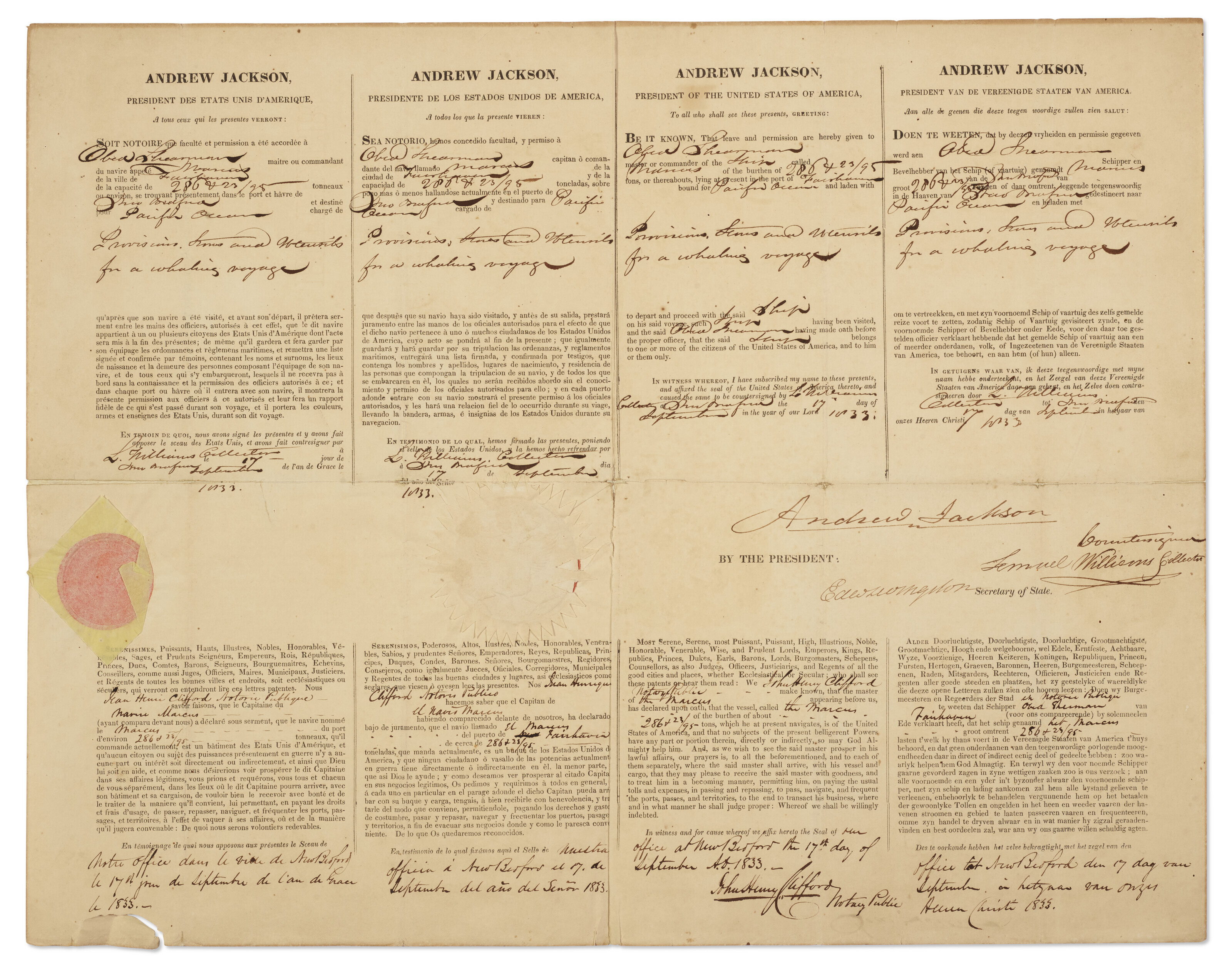 A signed four-language ship's paper, Andrew Jackson, 17 September 1833 ...
