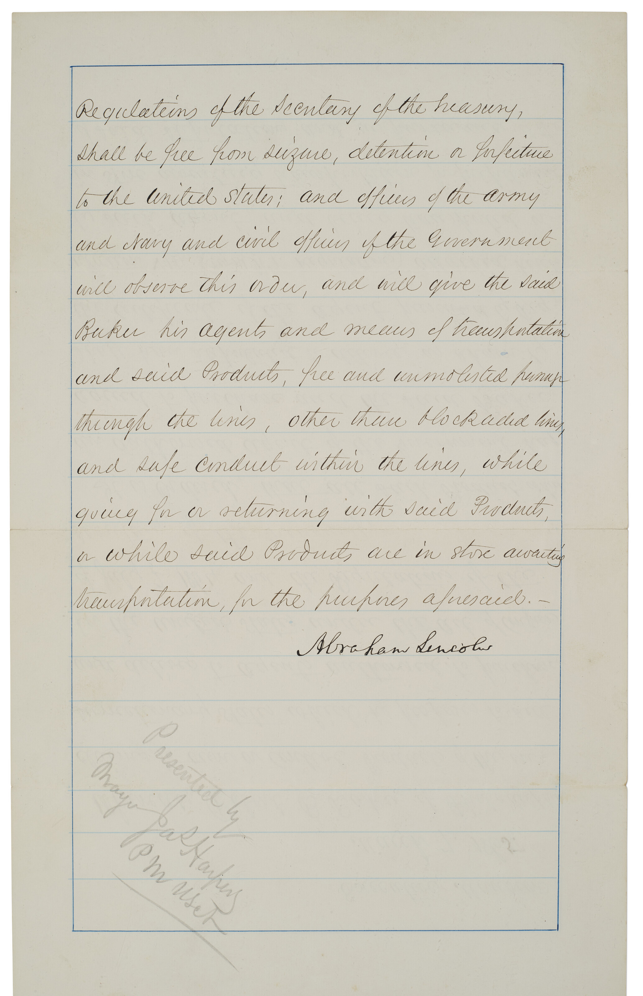 A safe-conduct pass through enemy lines, Abraham Lincoln, 7 March 1865 ...