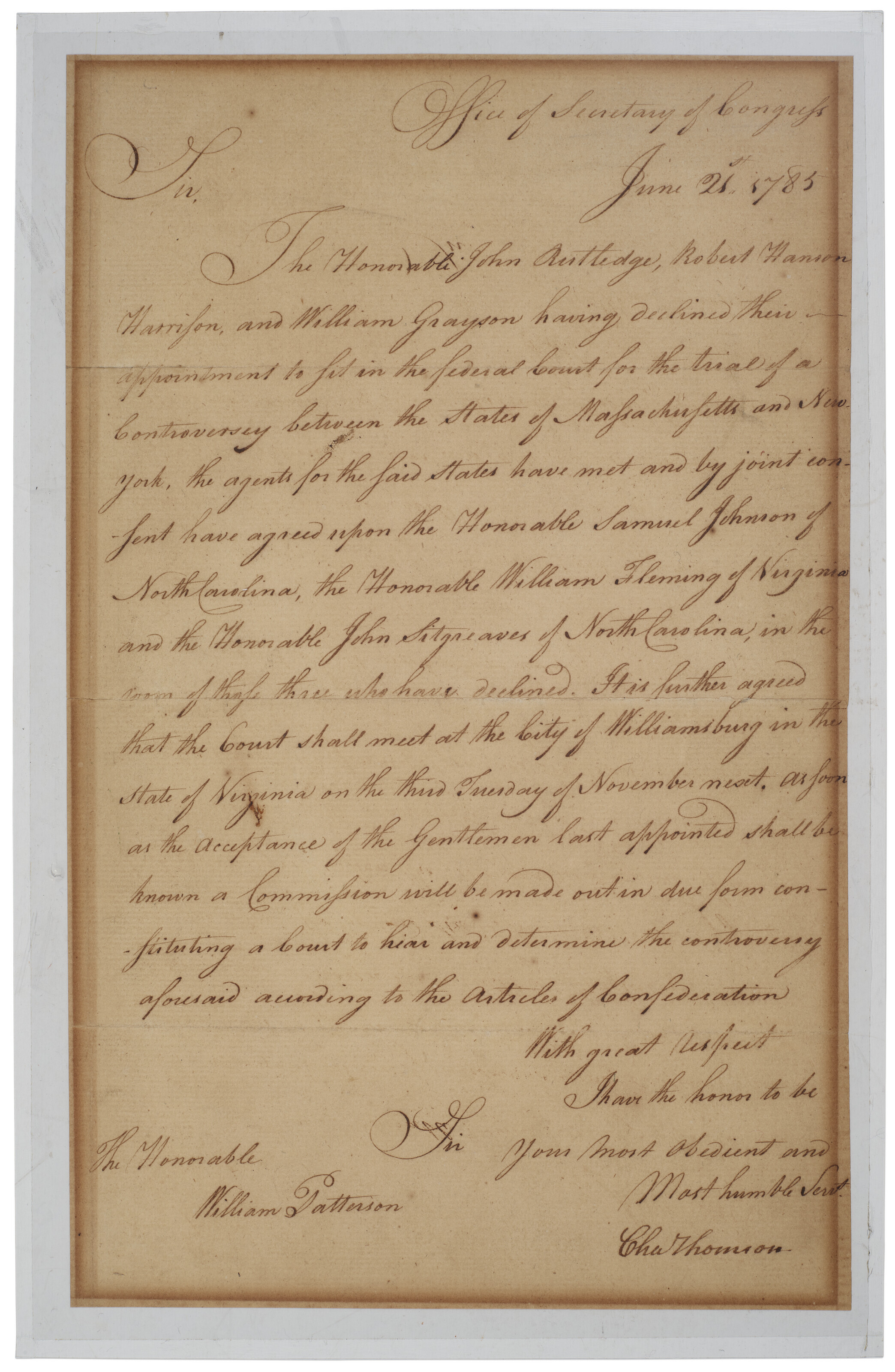 Regarding the Treaty of Hartford, Charles Thomson, 1785 | Christie’s