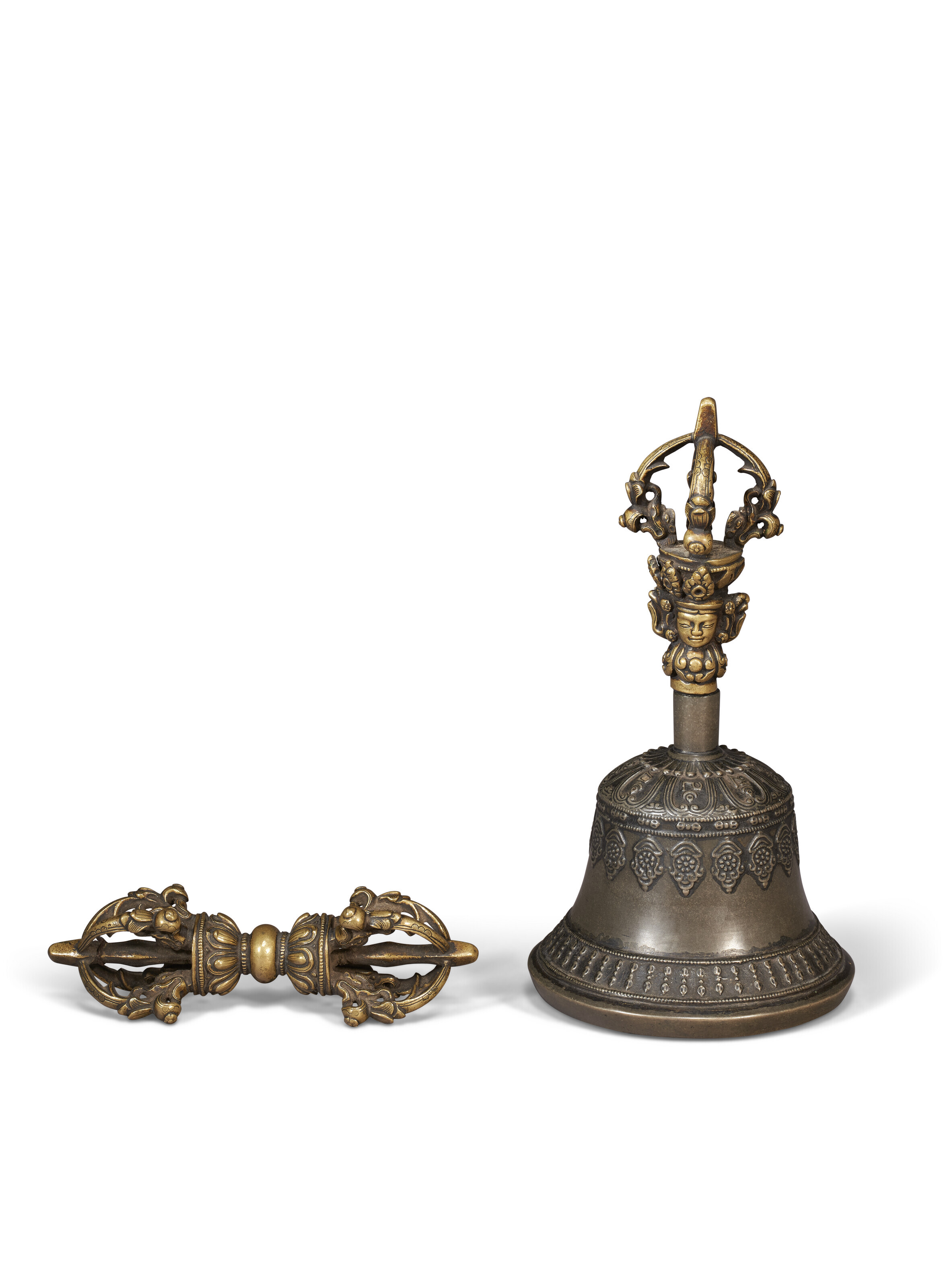 A METAL ALLOY AND BRONZE GHANTA AND A BRONZE VAJRA, TIBET, 15TH CENTURY ...