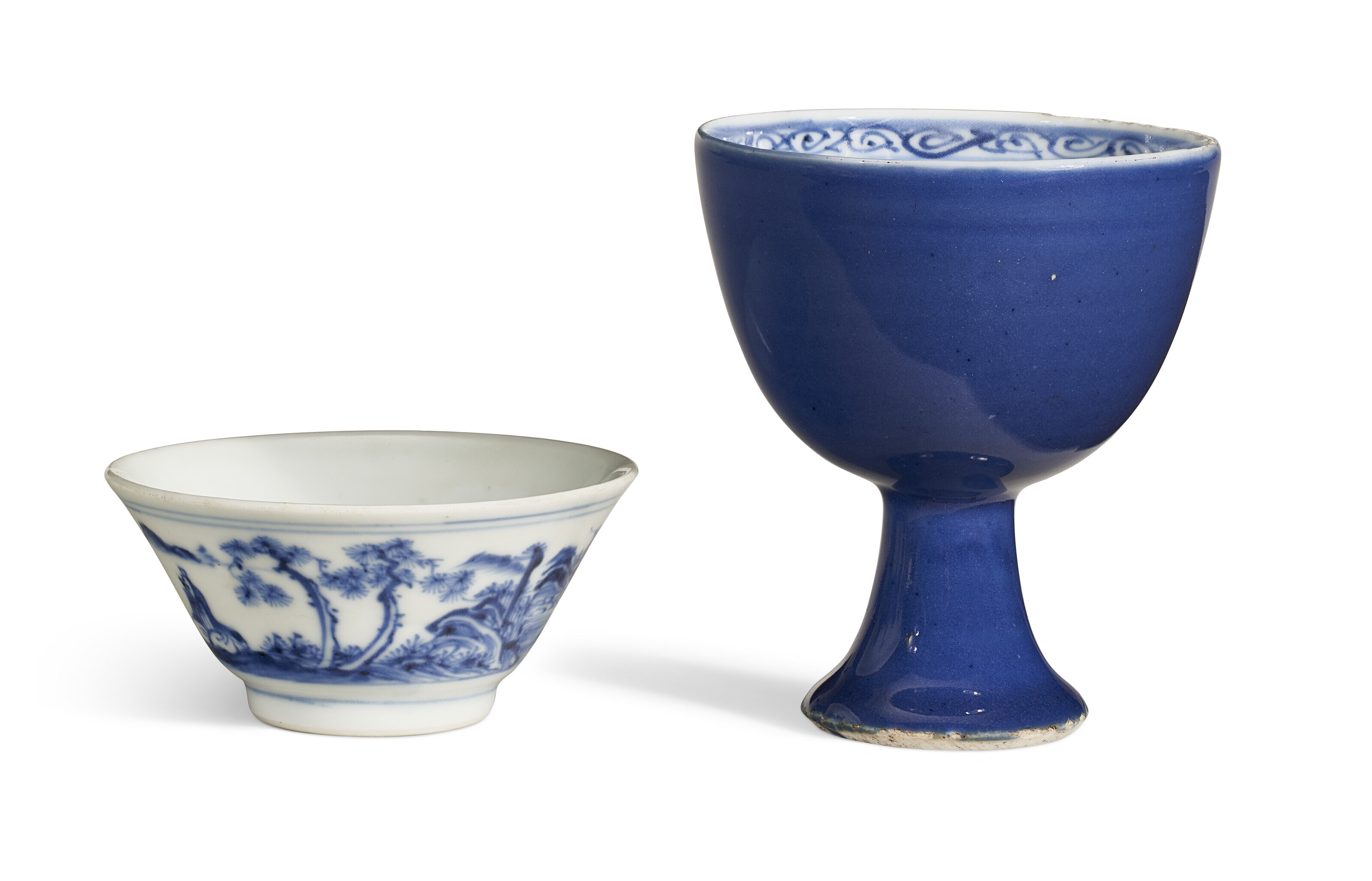 A SMALL BLUE AND WHITE CUP AND AN UNDERGLAZE-BLUE-DECORATED BLUE-GLAZED ...