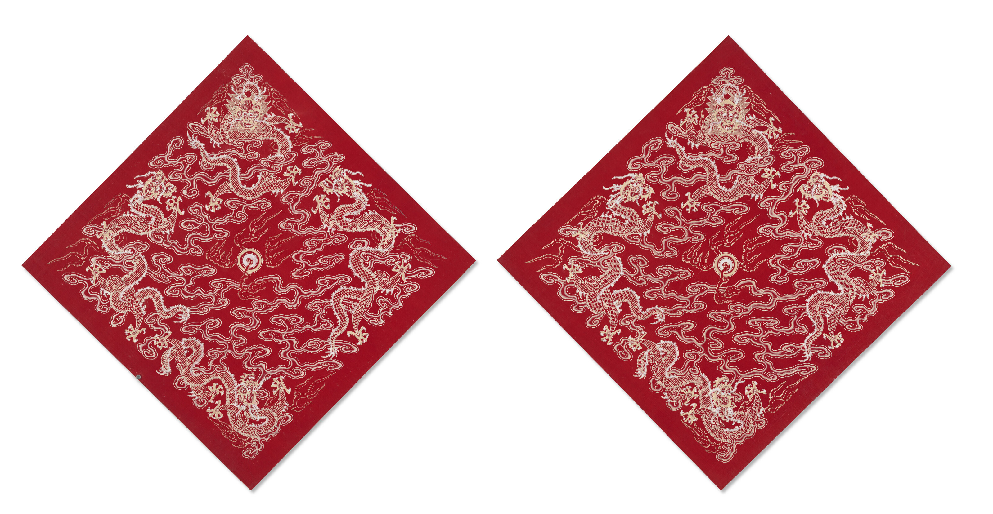 A PAIR OF GOLD AND SILVER-PAINTED SILK 'DRAGON' PANELS, CHINA | Christie’s