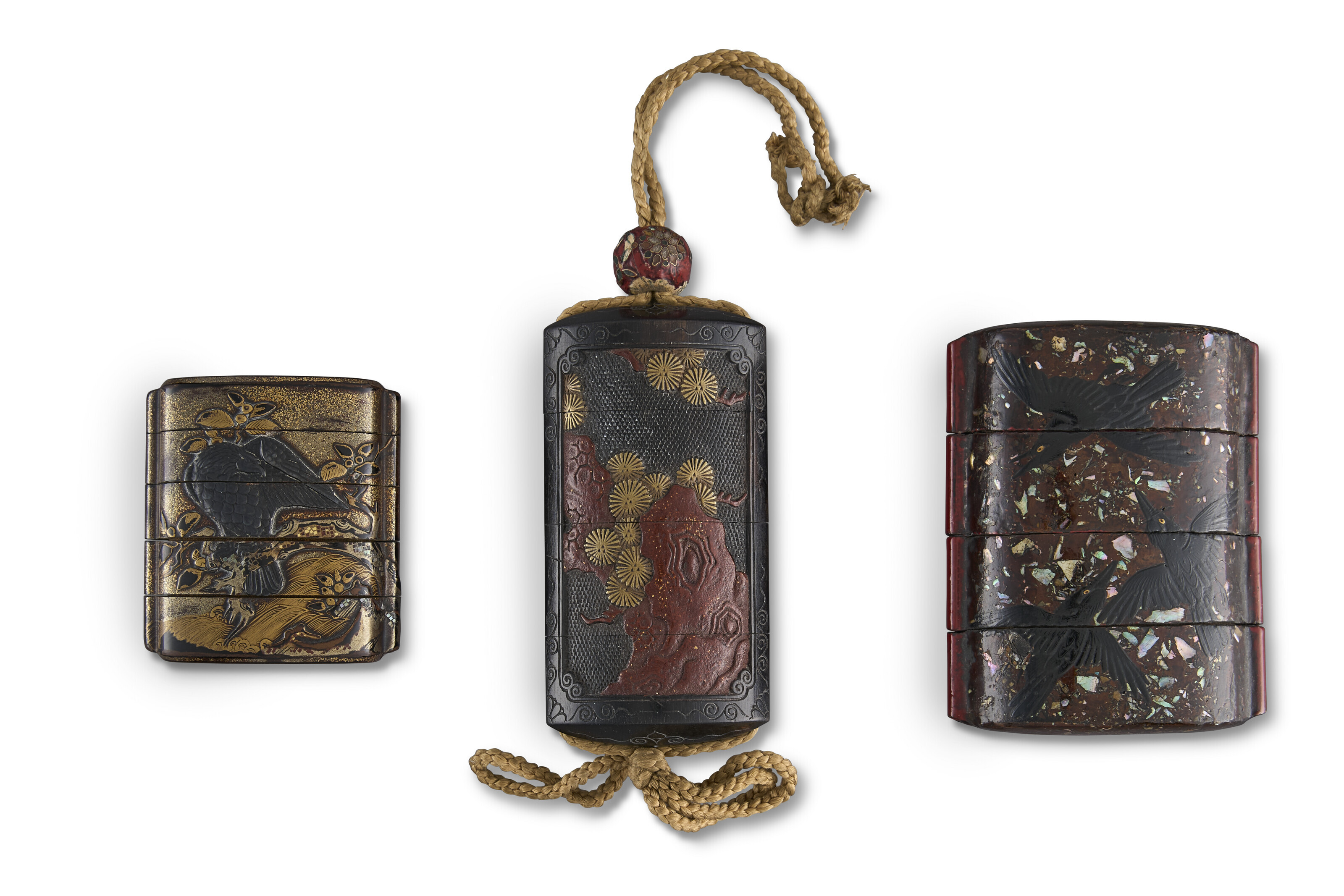 THREE LACQUER INRO OF BIRDS, EDO PERIOD (17TH-18TH CENTURY), ONE SIGNED ...