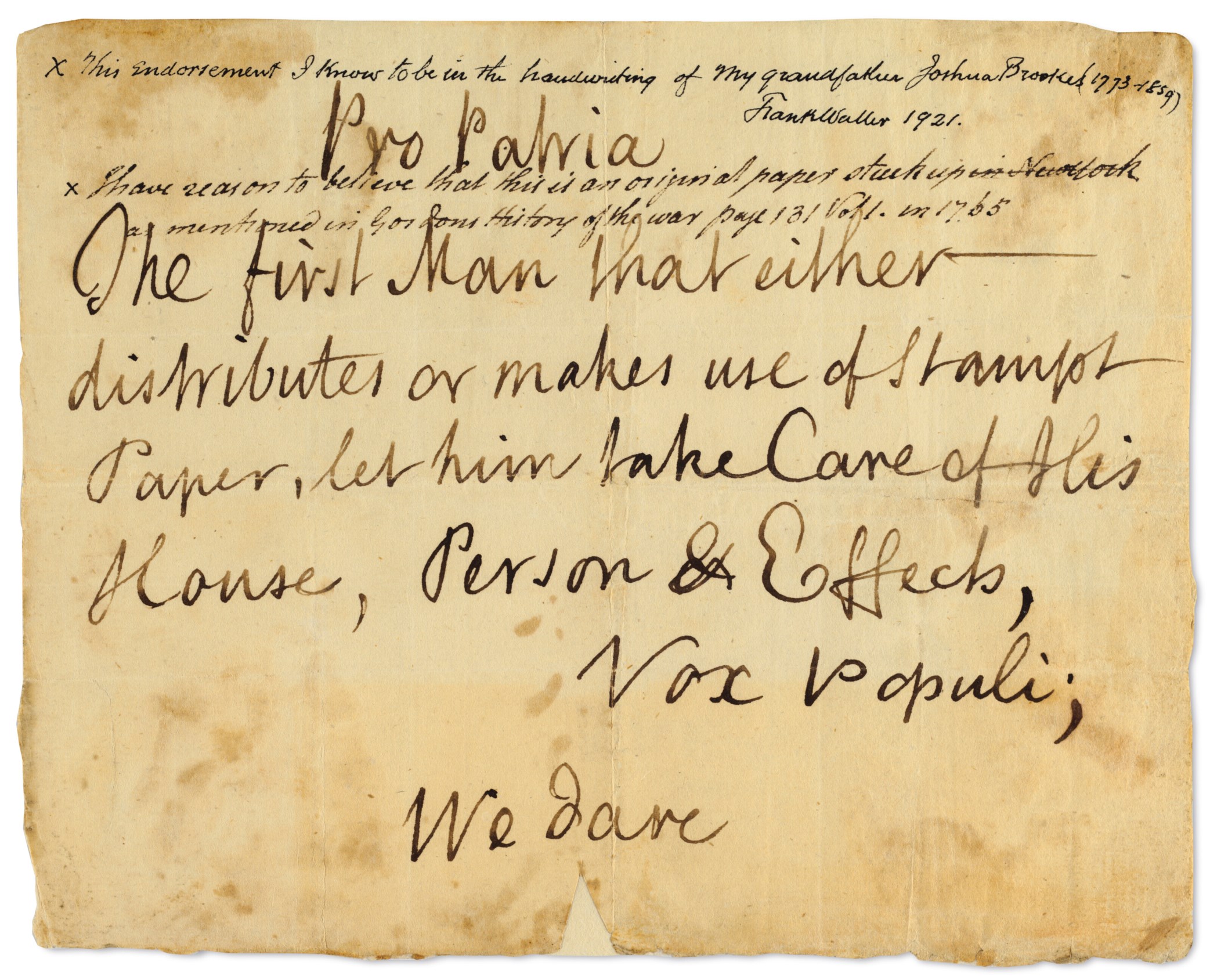 The Stamp Act Defiance Placard, New York, 23 October 1765 | Christie's