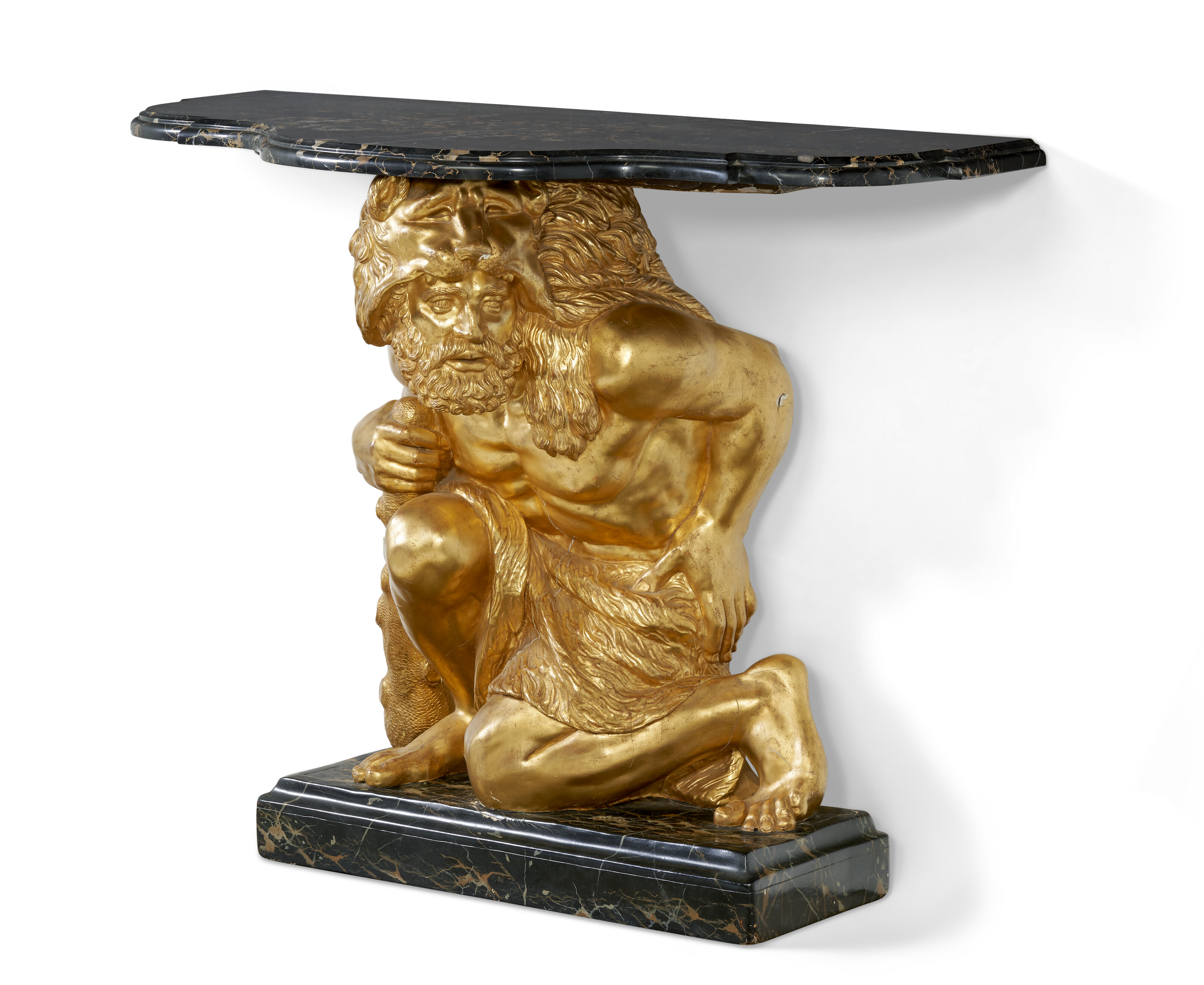 AN ITALIAN GILTWOOD CONSOLE TABLE IN THE FORM OF HERCULES, POSSIBLY MID ...