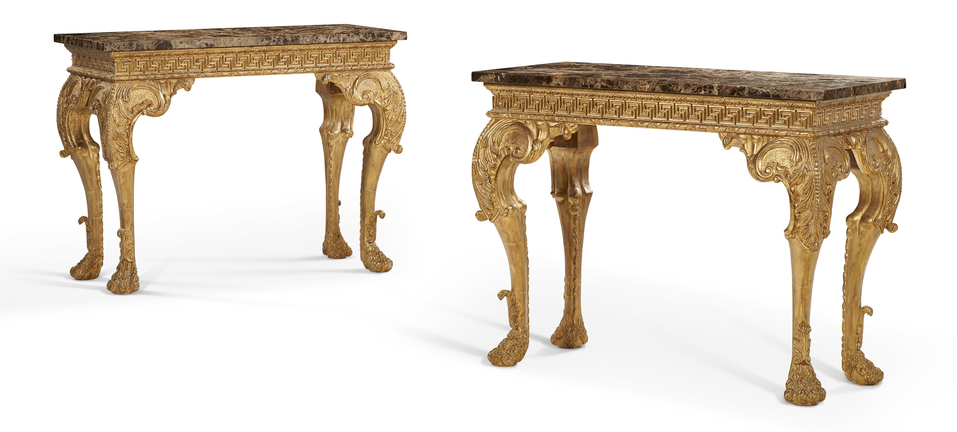 A PAIR OF GEORGE II STYLE GILTWOOD SIDE TABLES WITH MARBLE TOPS, 20TH ...