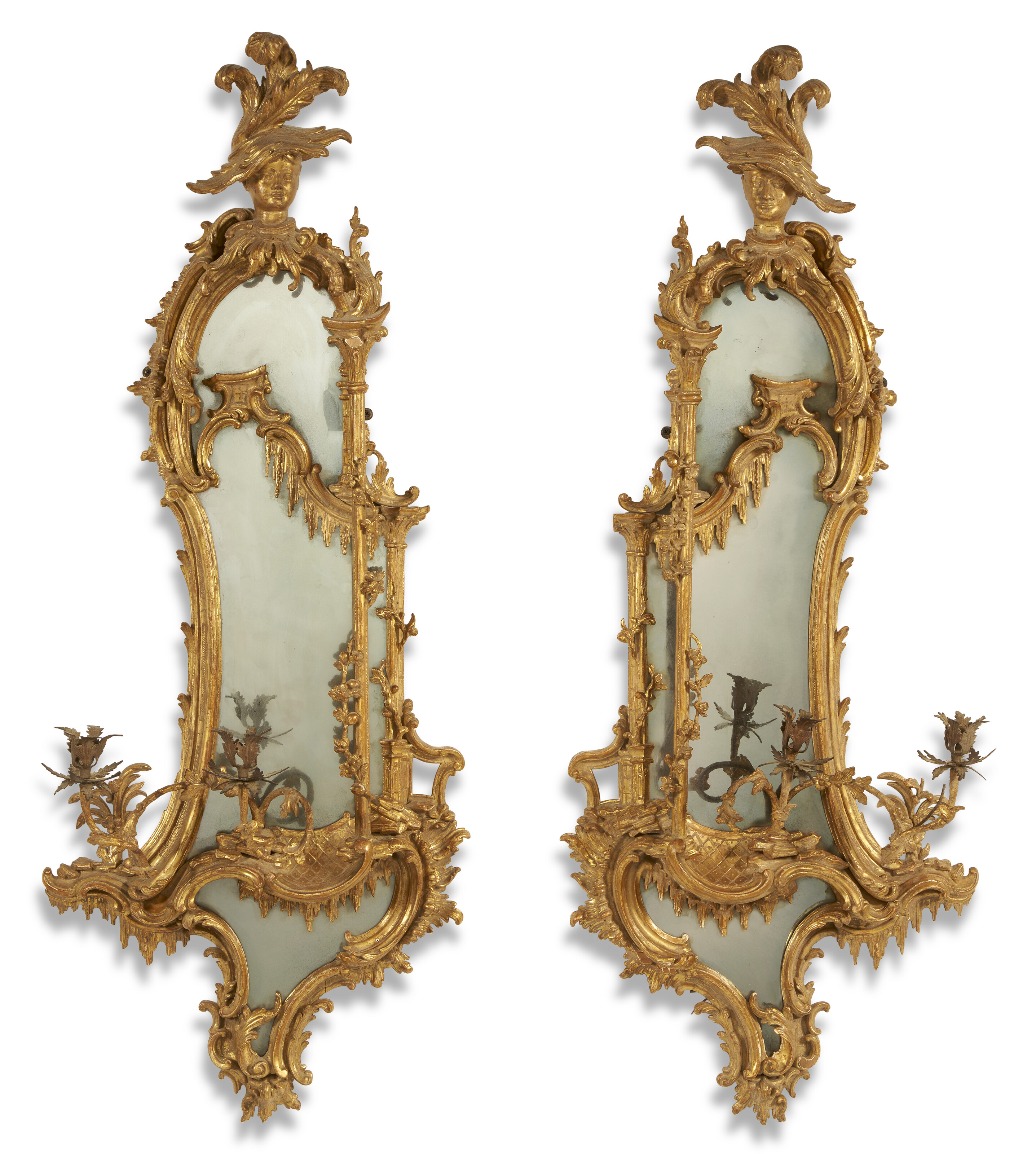 A PAIR OF GEORGE II GILTWOOD GIRANDOLE MIRRORS, ATTRIBUTED TO MATTHIAS ...