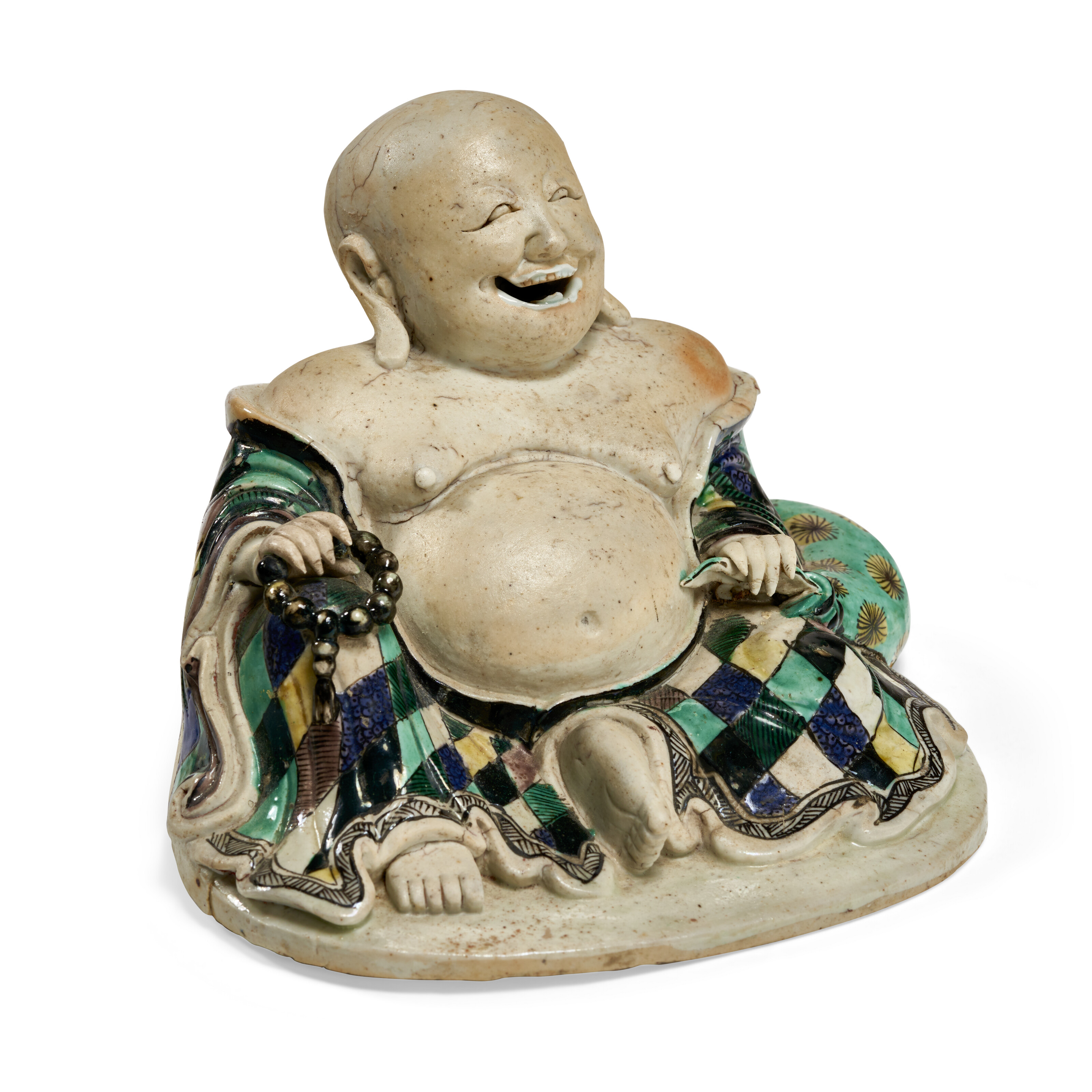 A CHINESE EXPORT PORCELAIN BISCUIT-GLAZED FIGURE OF A LAUGHING BUDDHA ...