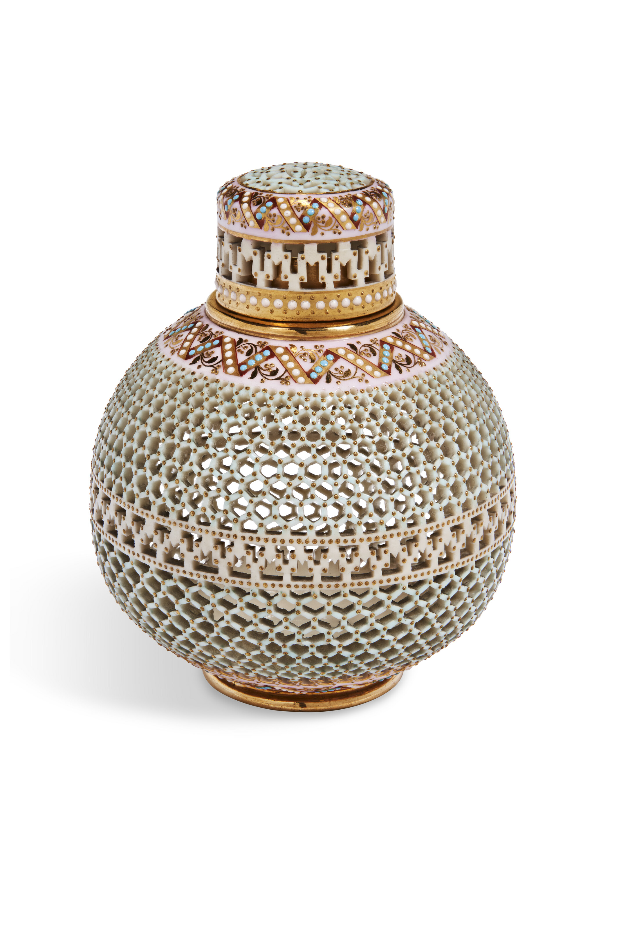 A ROYAL WORCESTER (GEORGE OWEN) PORCELAIN 'JEWELED' AND RETICULATED ...