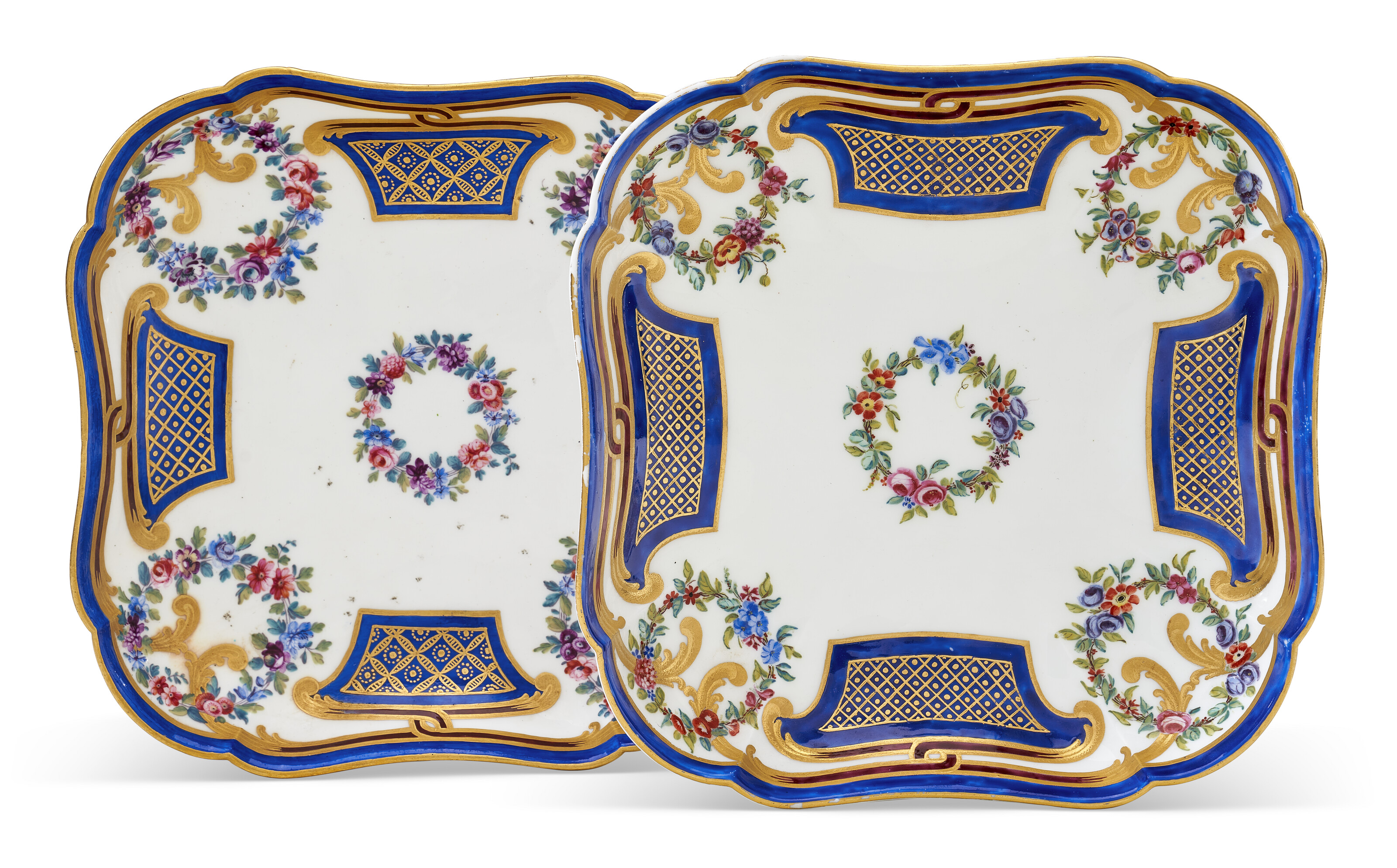TWO SEVRES PORCELAIN SHAPED-SQUARE DISHES (COMPOTIERS CARRE), CIRCA ...