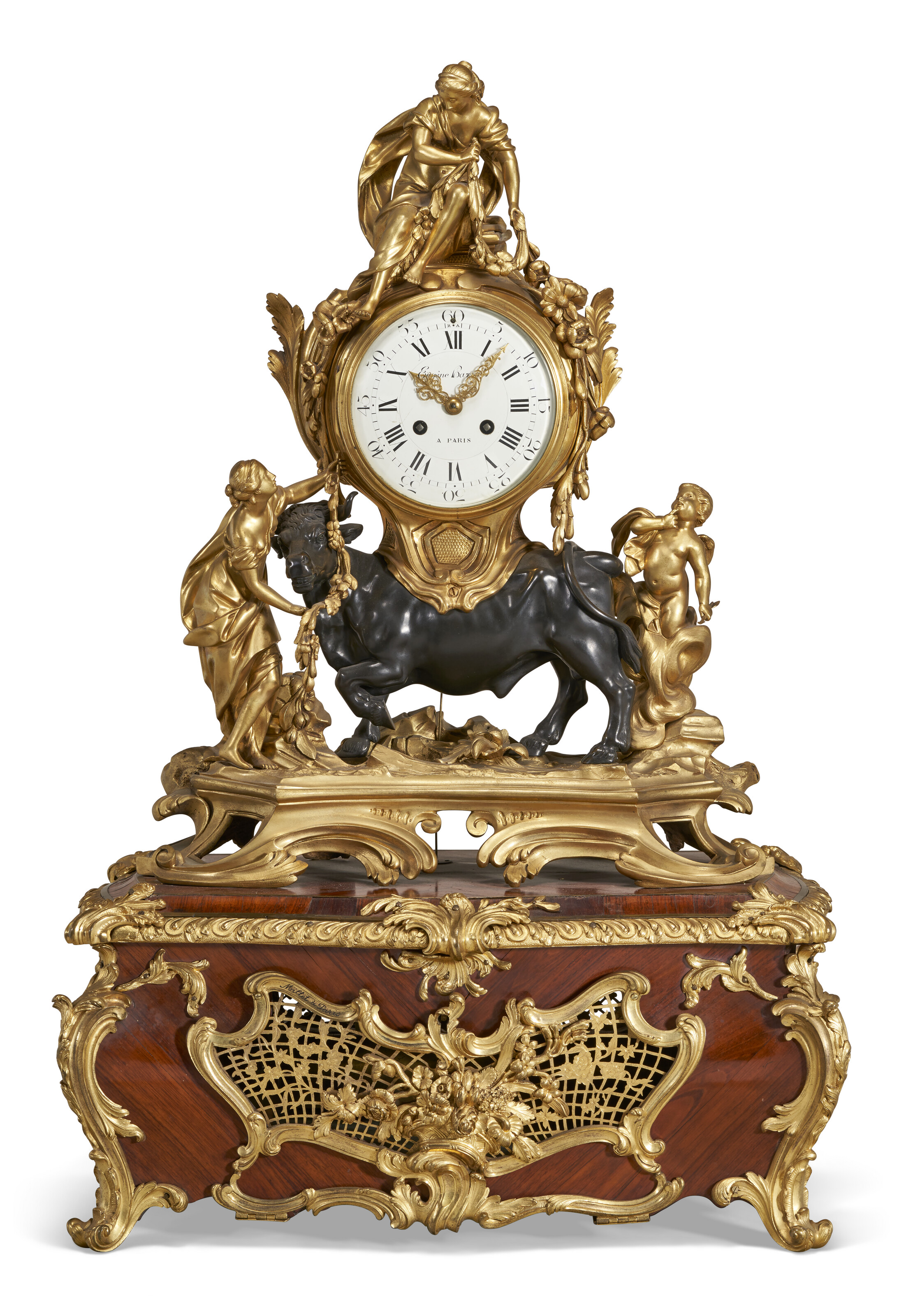 AN ASSEMBLED FRENCH ORMOLU, PATINATED BRONZE AND KINGWOOD MUSICAL CLOCK ...