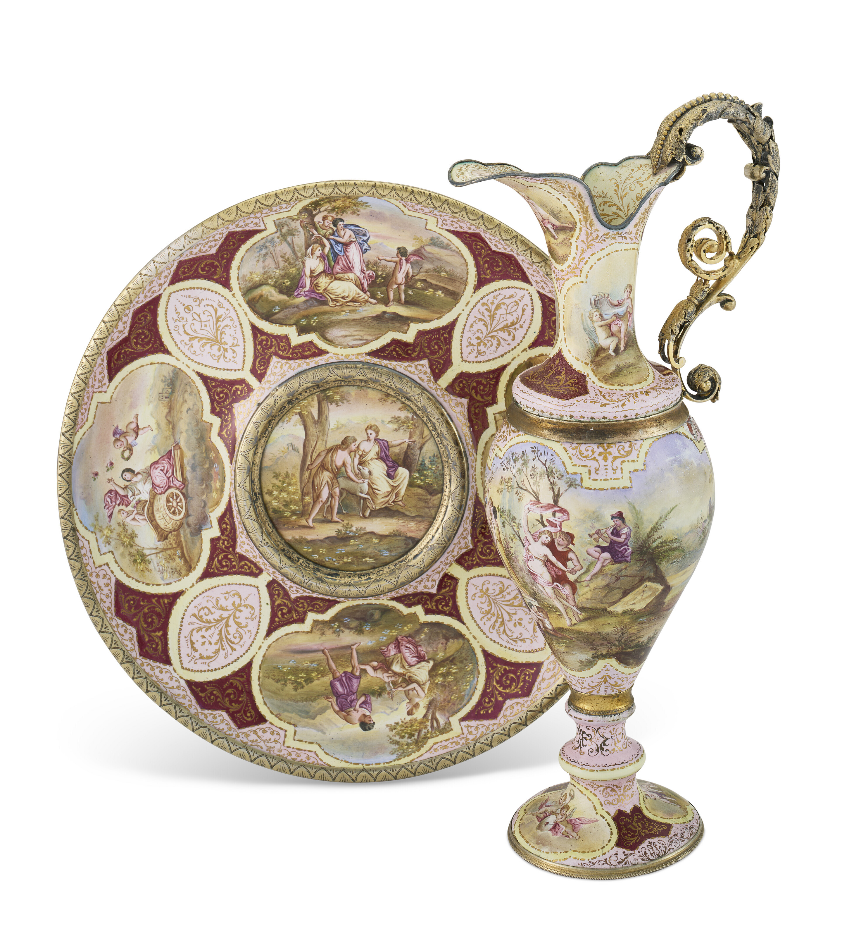 AN AUSTRIAN SILVER-GILT AND ENAMELED EWER AND STAND, MARK OF LUDWIG ...