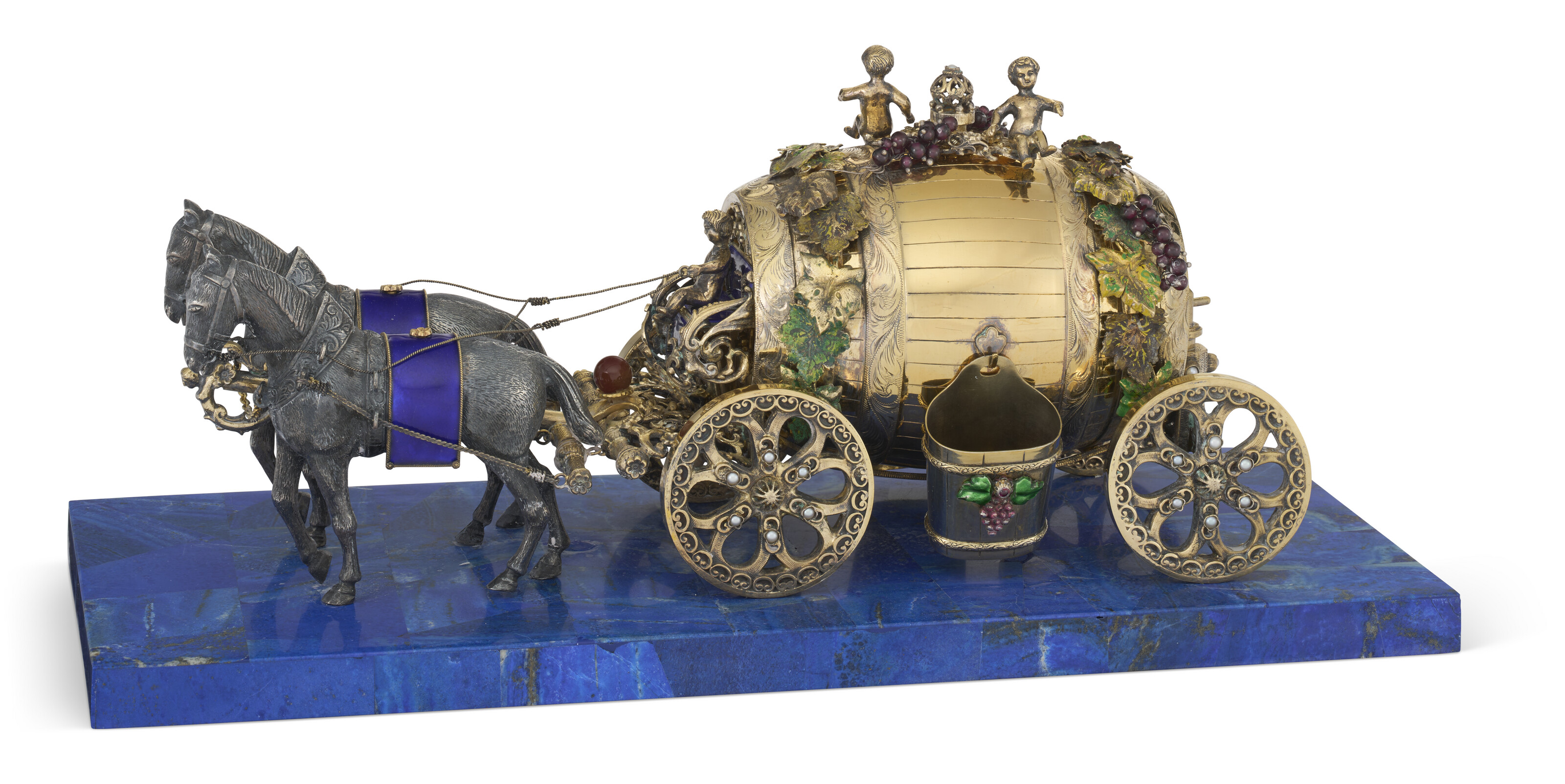 A CONTINENTAL ENAMEL AND PEARL-MOUNTED SILVER AND SILVER-GILT MODEL OF ...