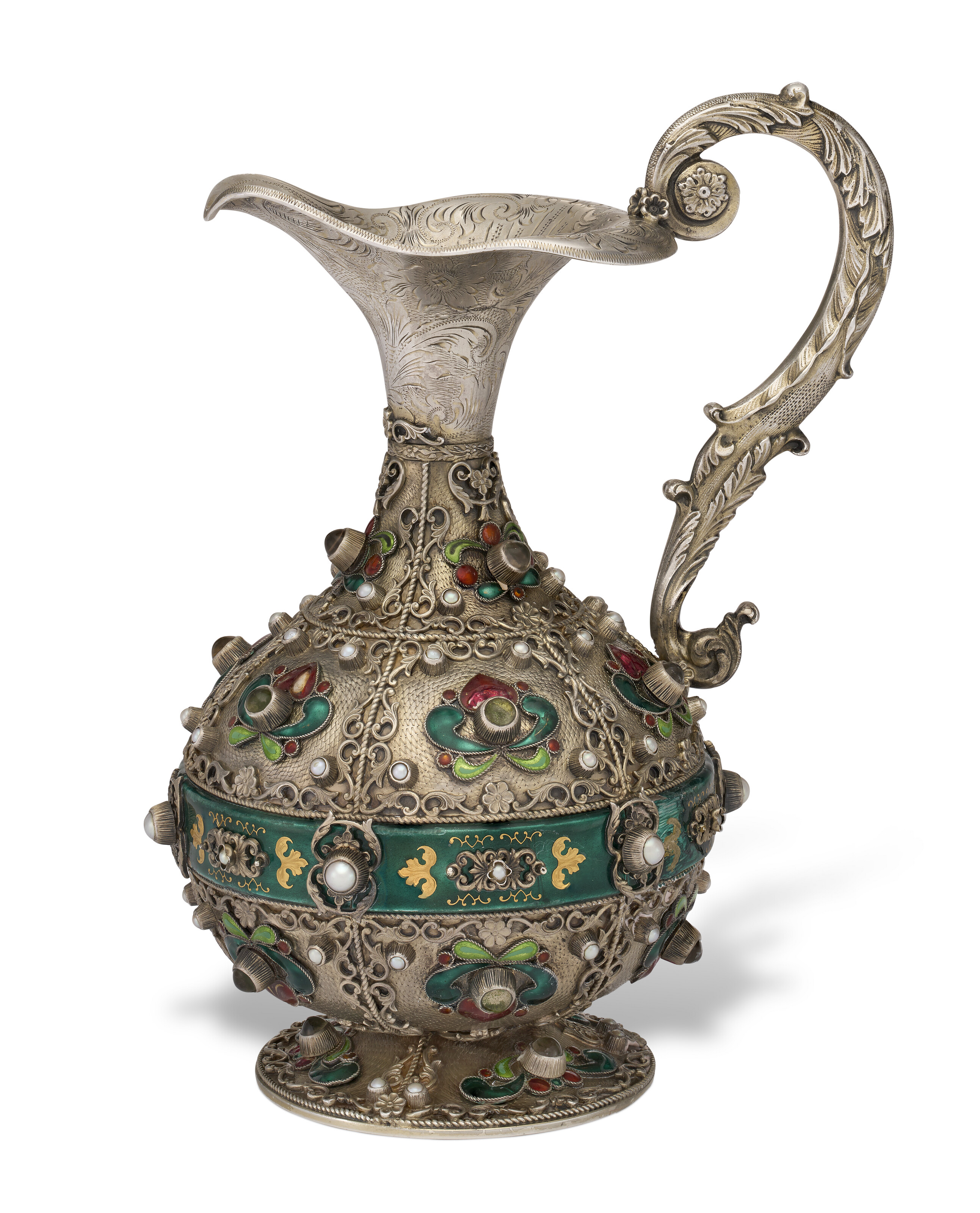 A CONTINENTAL ENAMEL AND PEARL-MOUNTED SILVER EWER, PROBABLY AUSTRIA ...